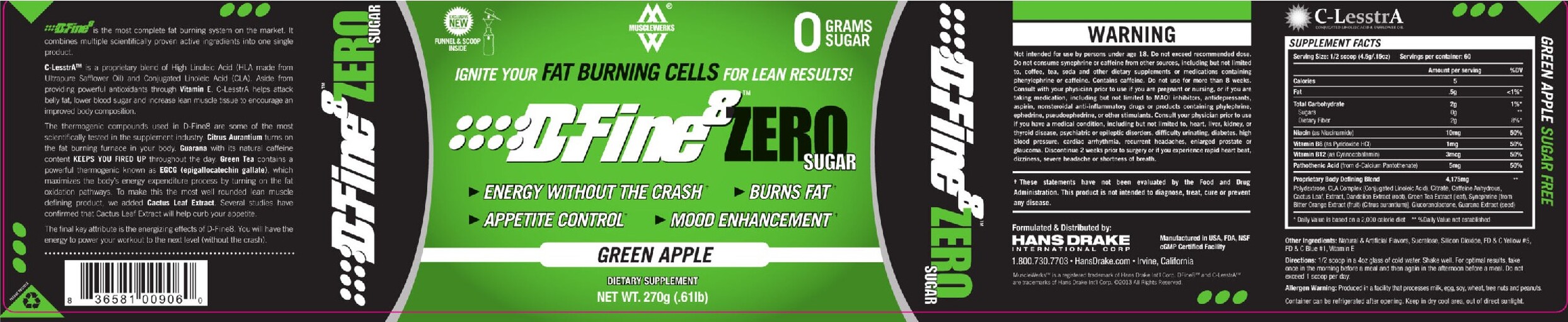 Musclewerks - D-Fine8 Zero Sugar Green Apple - SuppCo