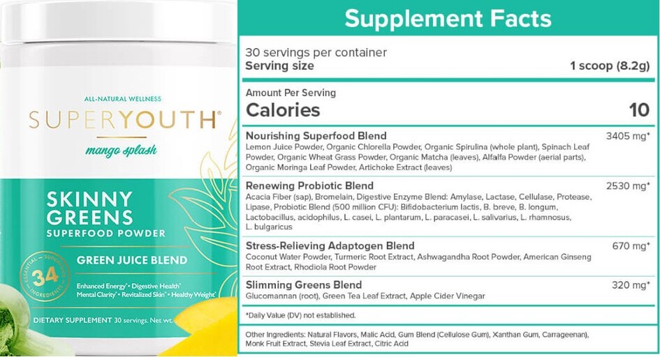 Super Youth - Skinny Greens Superfood Powder Mango Splash - SuppCo