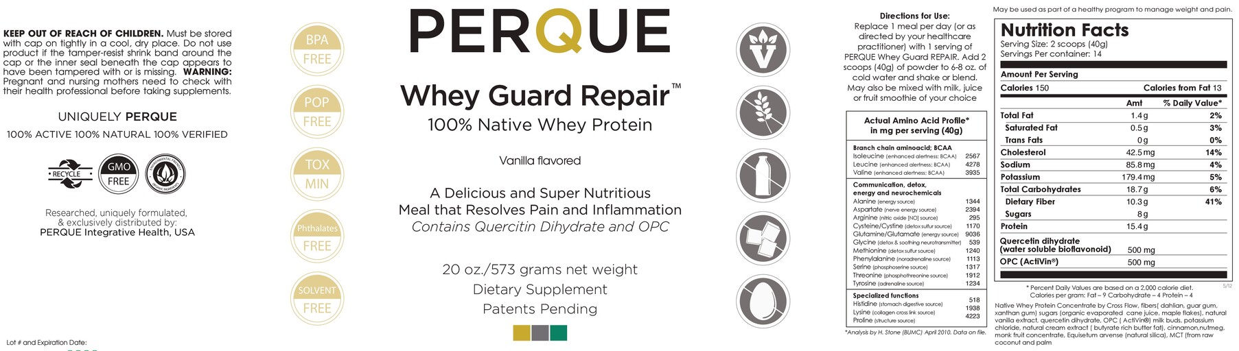 Perque - Whey Guard Repair 100% Native Whey Protein Vanilla Flavored - SuppCo
