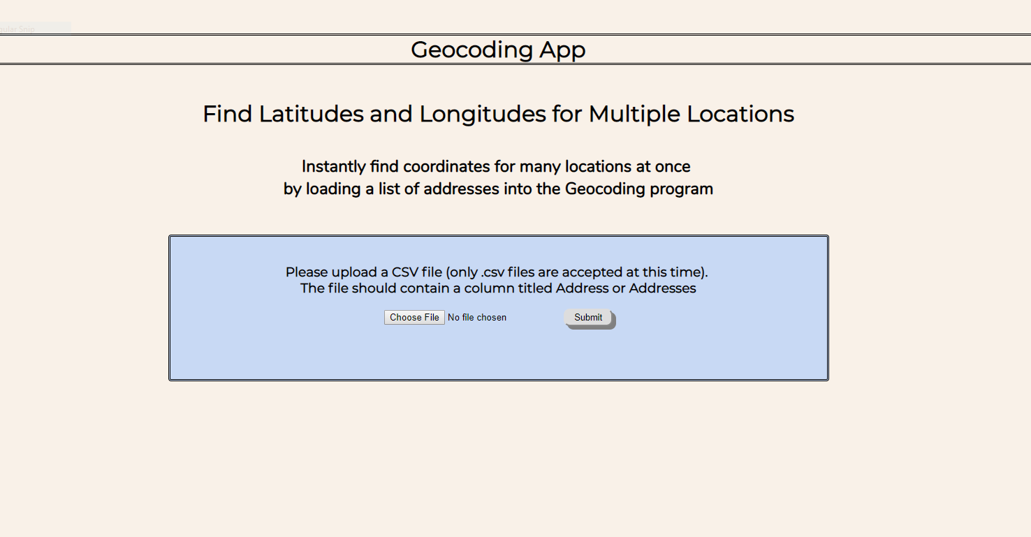 Github Sharinasgeocoder App A Web App Written Using Python Html Css Pandas Geopy To Take 