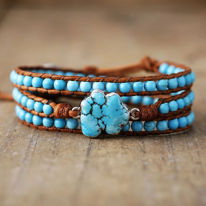 Chunky Boho Turquoise Stone 3 Layers Wrap Bracelet Handmade leather ...