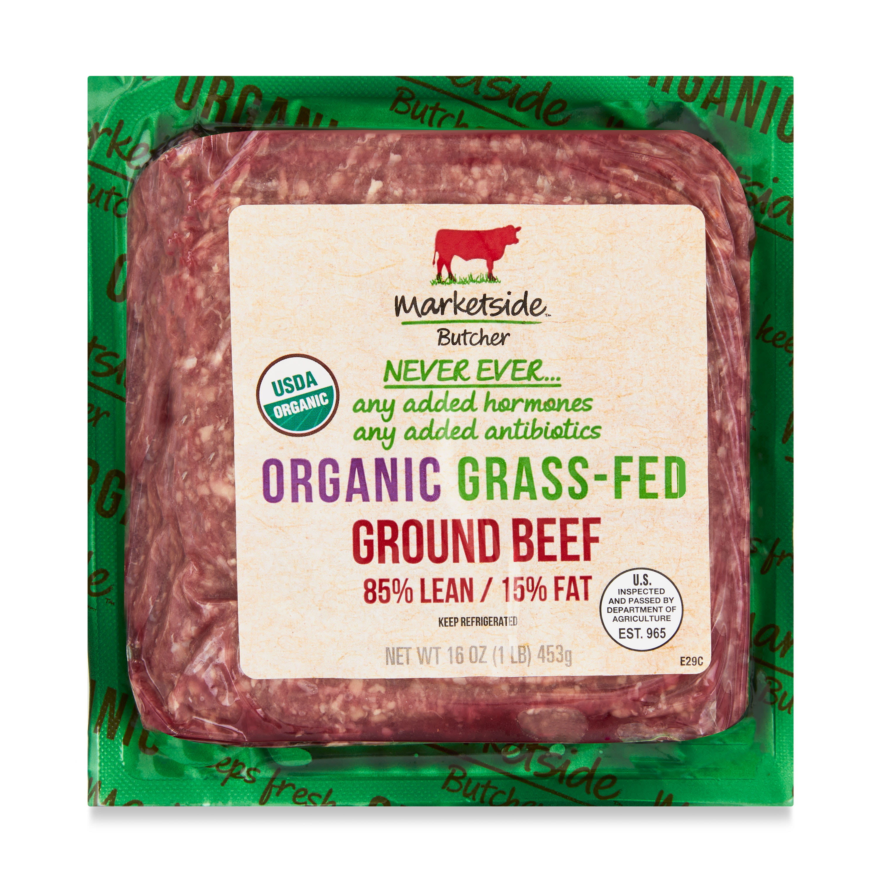 Marketside Butcher Organic Grass-Fed 85% Lean/15% Fat, Ground Beef, 1 lb - DroneUp Delivery