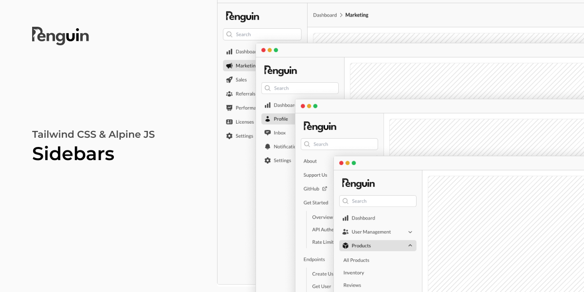 Tailwind CSS and Alpine JS Sidebar Component | Penguin UI