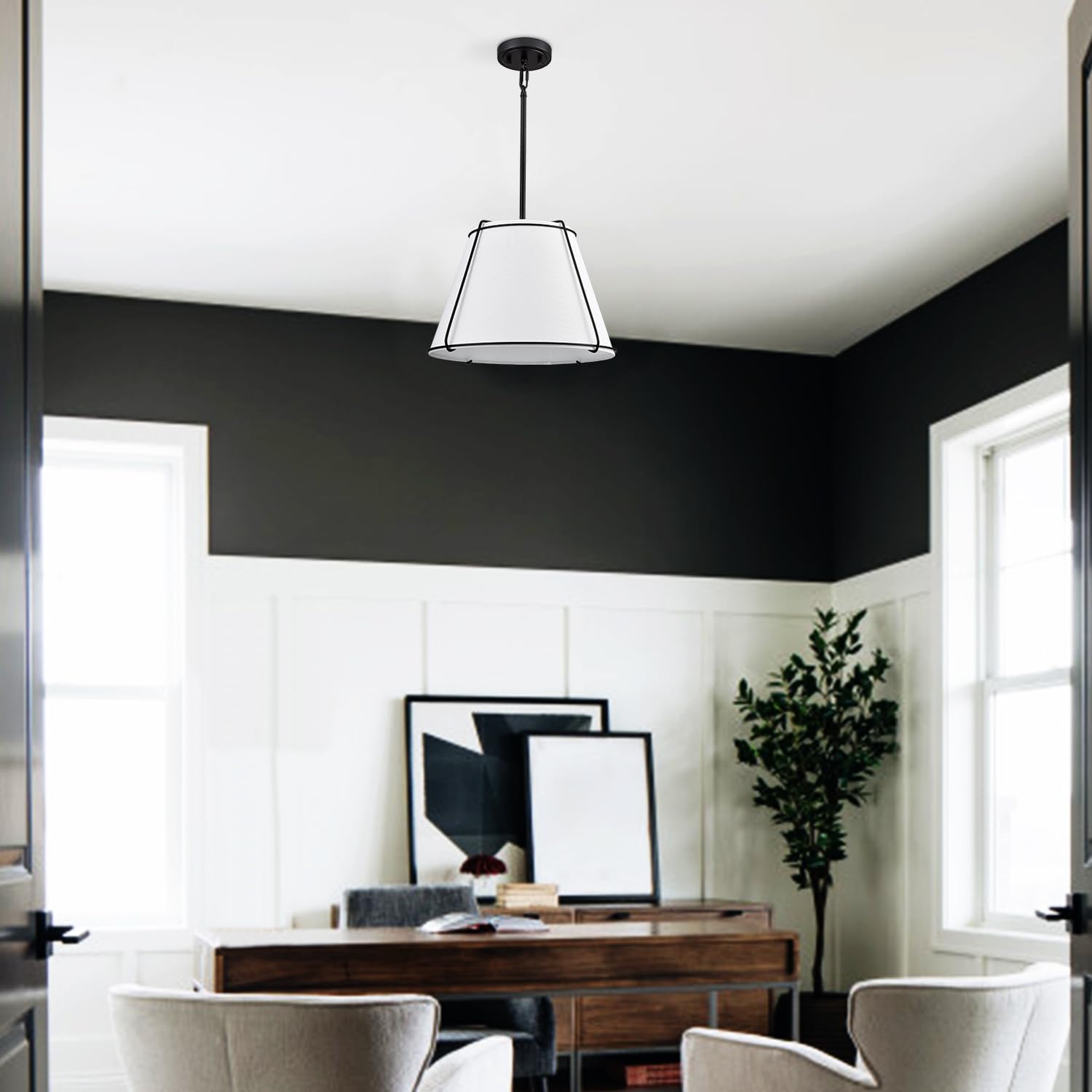 AXILAND Modern Pendant Light Fixtures, 16" White Linen Drum Pendant ...
