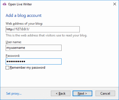Open-Live-Writer : How to solve invalid response from XmlRpc server error