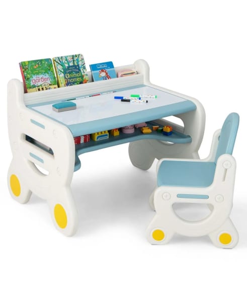 Costway - Çocuklar İçin Silinebilir Resim Masası ve Sandalye Seti Blue ...