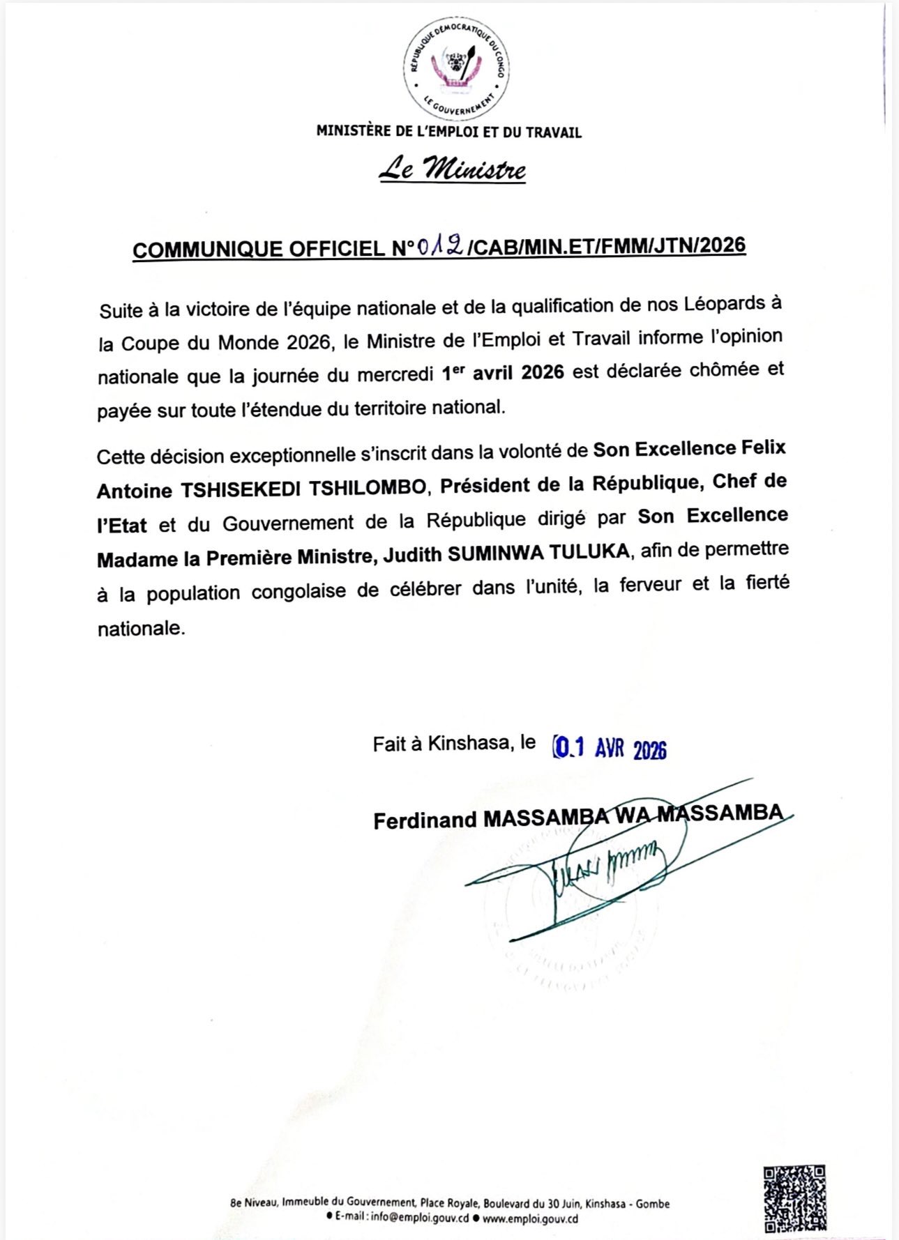 RDC : le 1er avril 2026 déclaré journée chômée et payée après la ...