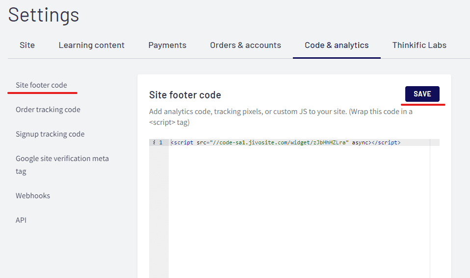 How to install JivoChat code in Thinkific