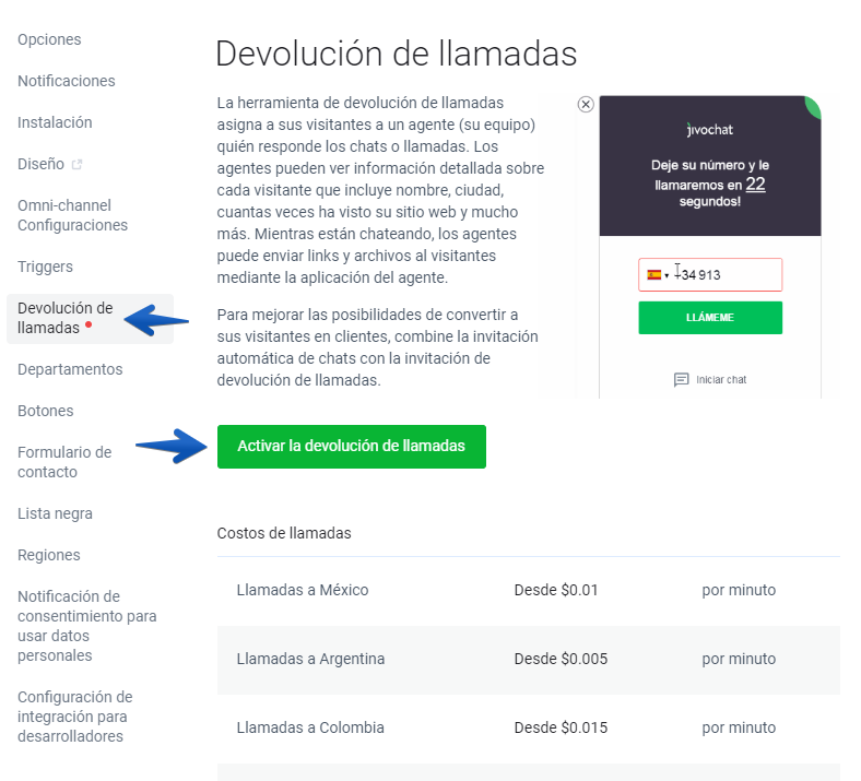 Como activar, configurar y añadir créditos al balance de la función de devolución de llamada