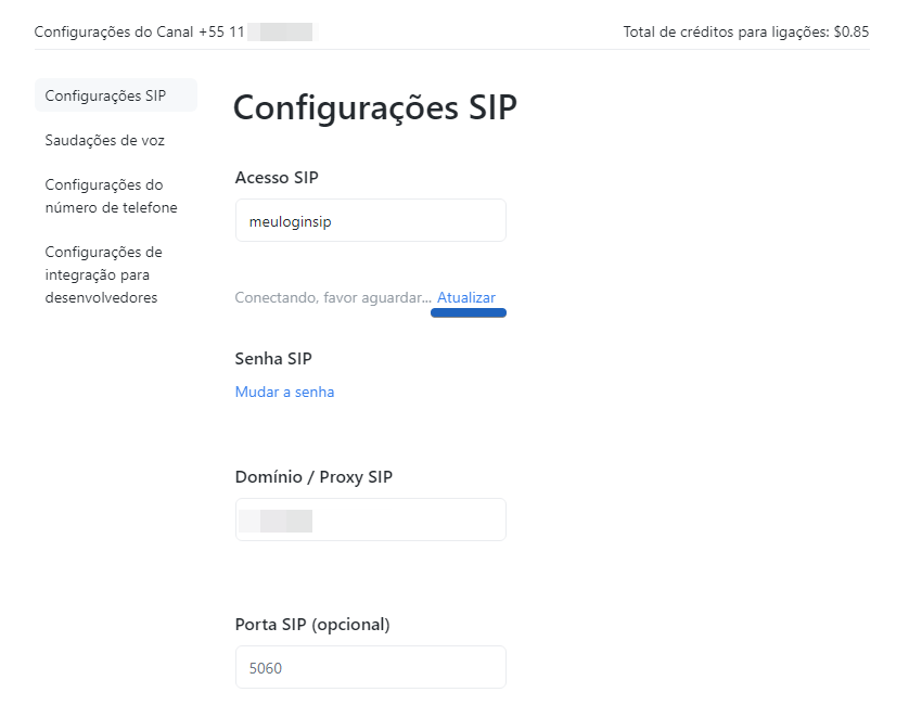 Como conectar seu número via SIP