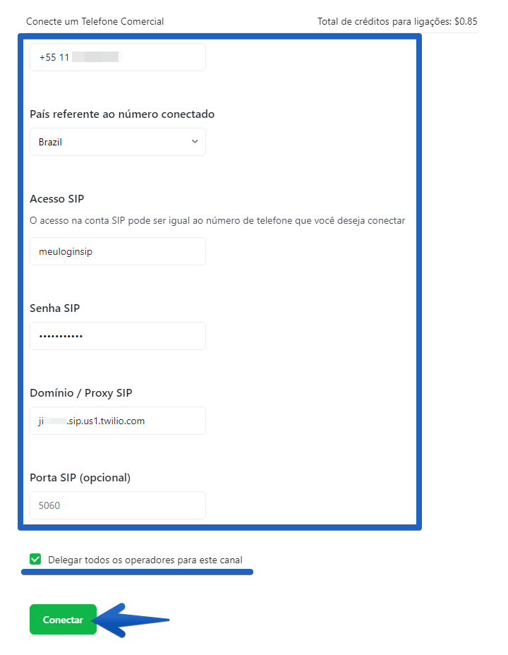 Como conectar seu número via SIP