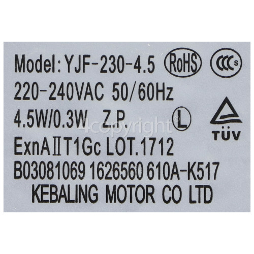 Fridgemaster Fan Motor : KEBALING YJF-230-4.5. Part Number 1626560 ...