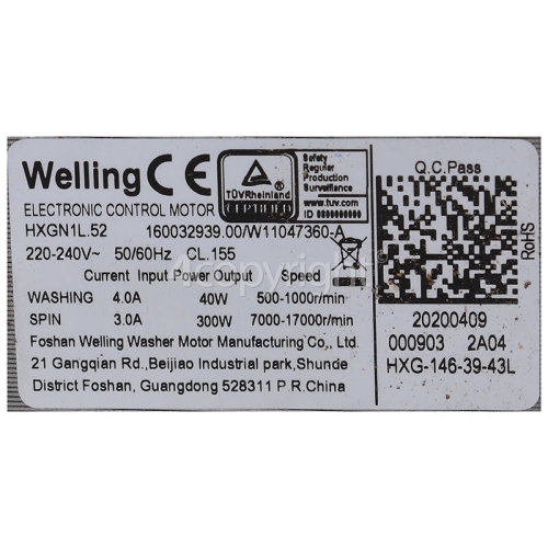 Hotpoint Motor : Welling HXGN1L-52 300W 7000/17000rpm W11047360-A HXG ...
