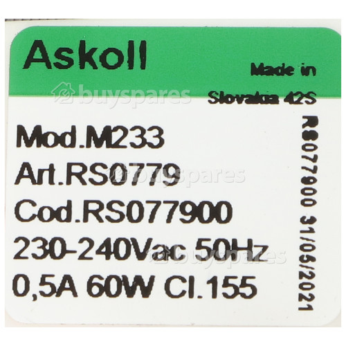 Wash Pump Motor Assembly : Askoll Mod M233 Art RS0594 60w | BuySpares