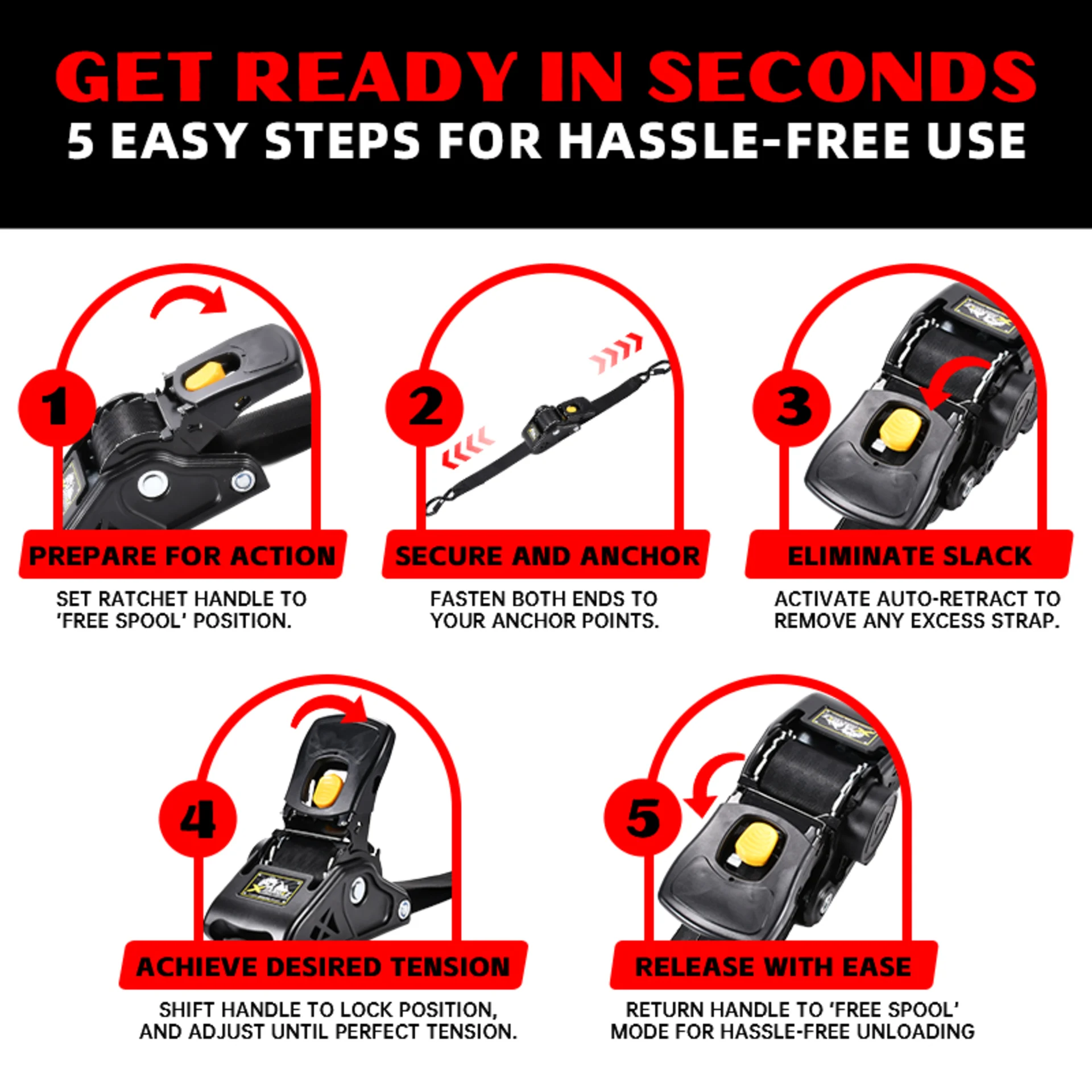 2" x 10' Self-Winding Retractable Ratchet Strap, Spring Loaded S-Hooks ...