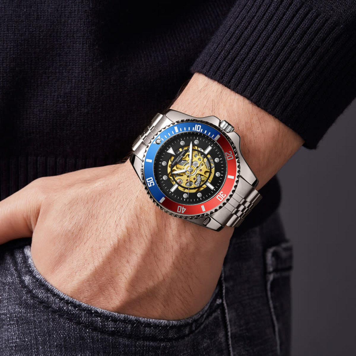 Anthony James Skeleton Sports Black Dial Mens Watch AJ008