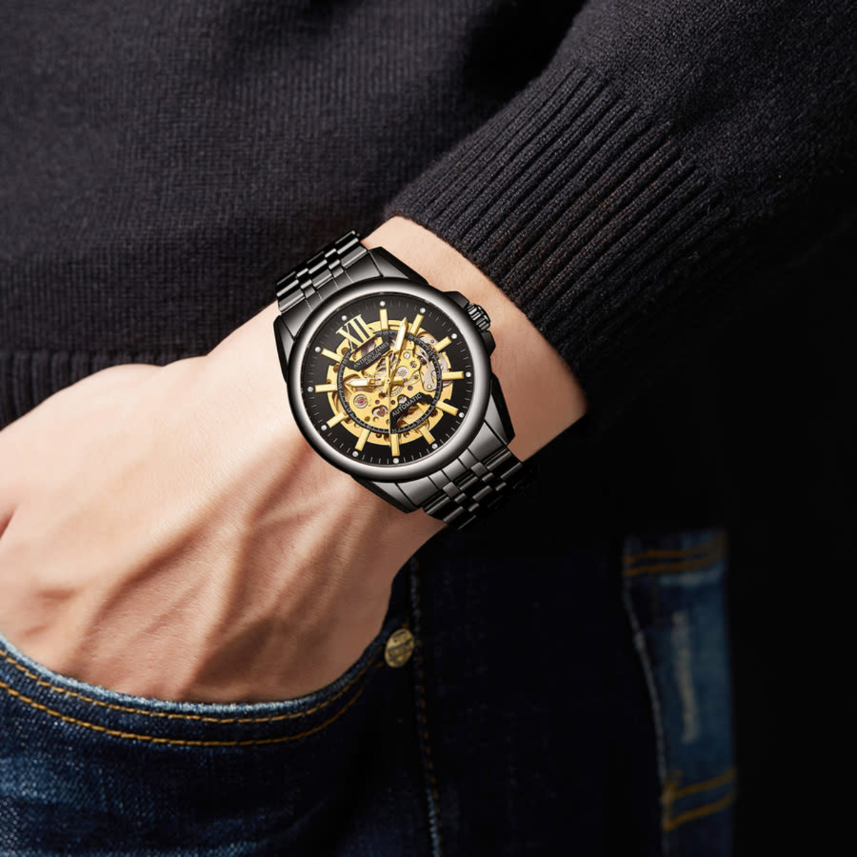 Anthony James Mystique Black Dial Mens Watch AJ013