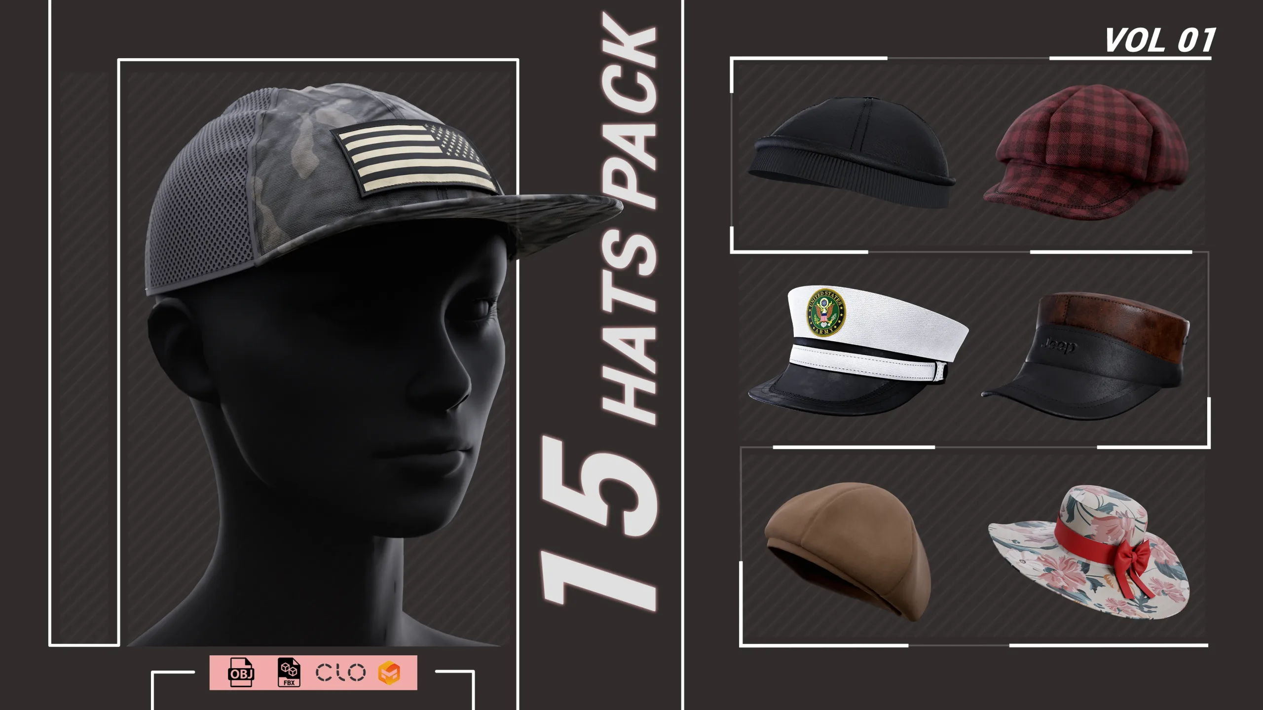 15 Hats pack. Marvelous Designer - FlippedNormals