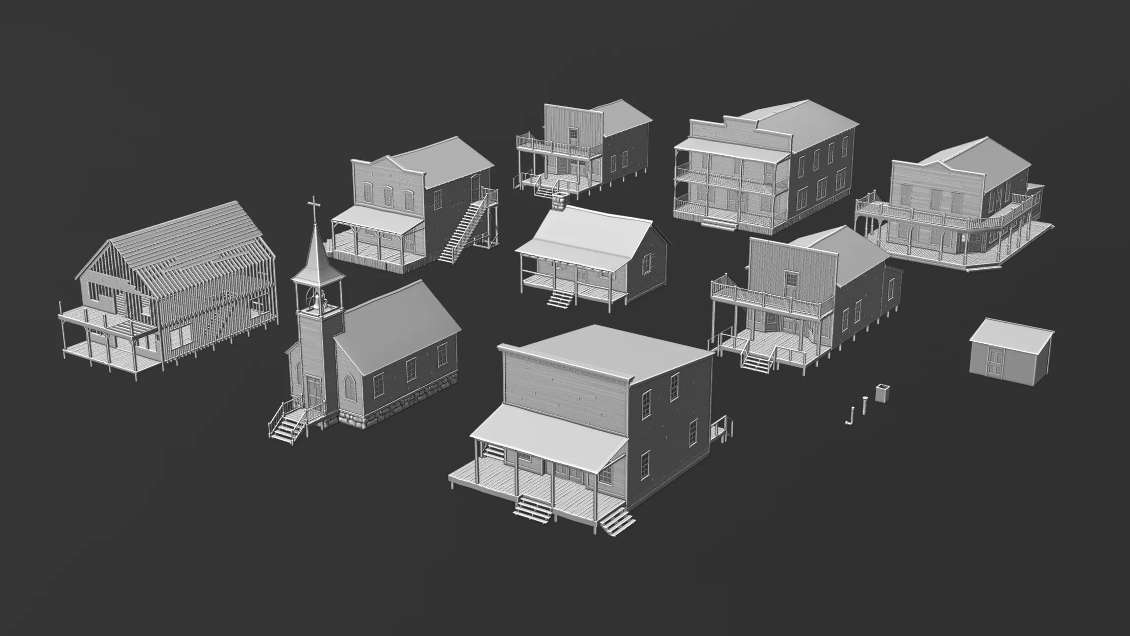 10 Western Town Buildings - Blender - FlippedNormals