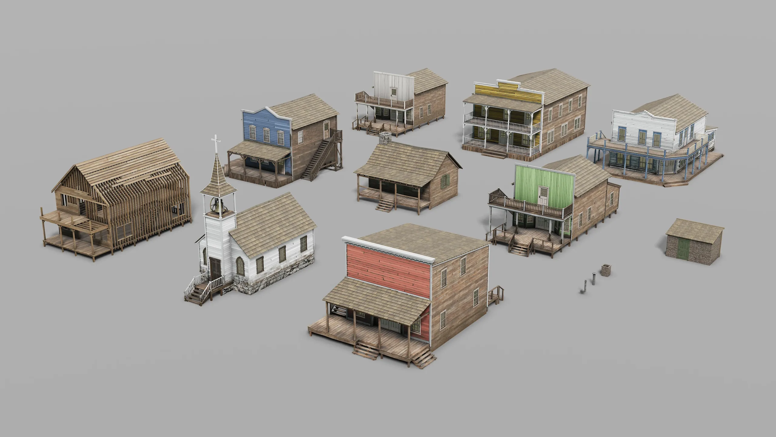 10 Western Town Buildings - Blender - FlippedNormals