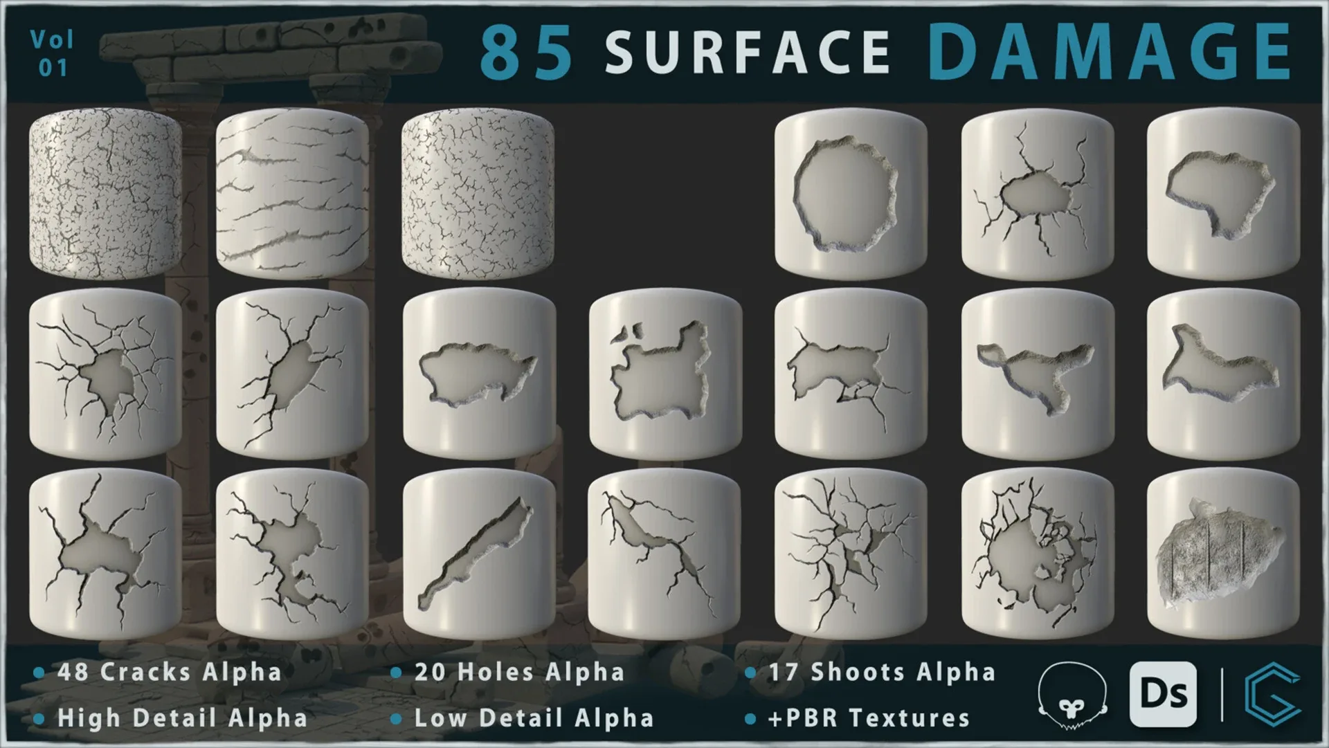 85 Surface Damage Alpha + PBR Textures - FlippedNormals
