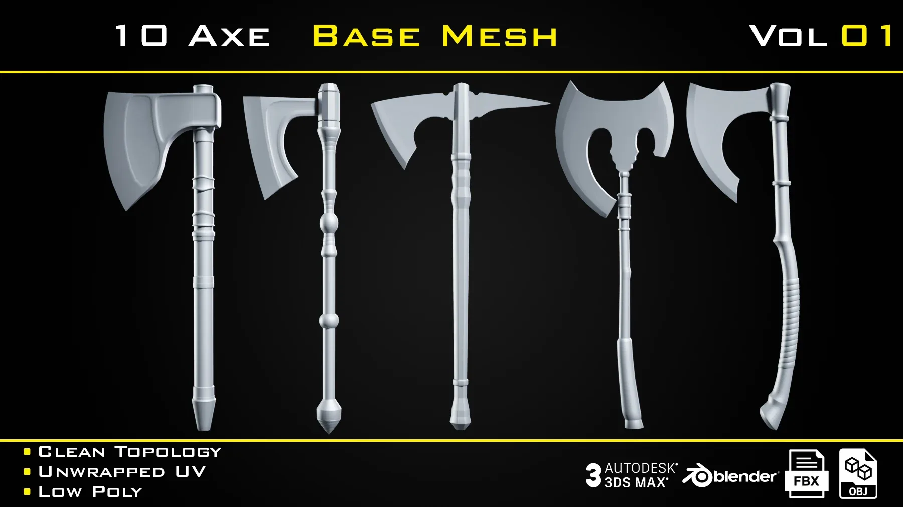 10 Axe BASE MESH - VOL 01 Game - FlippedNormals