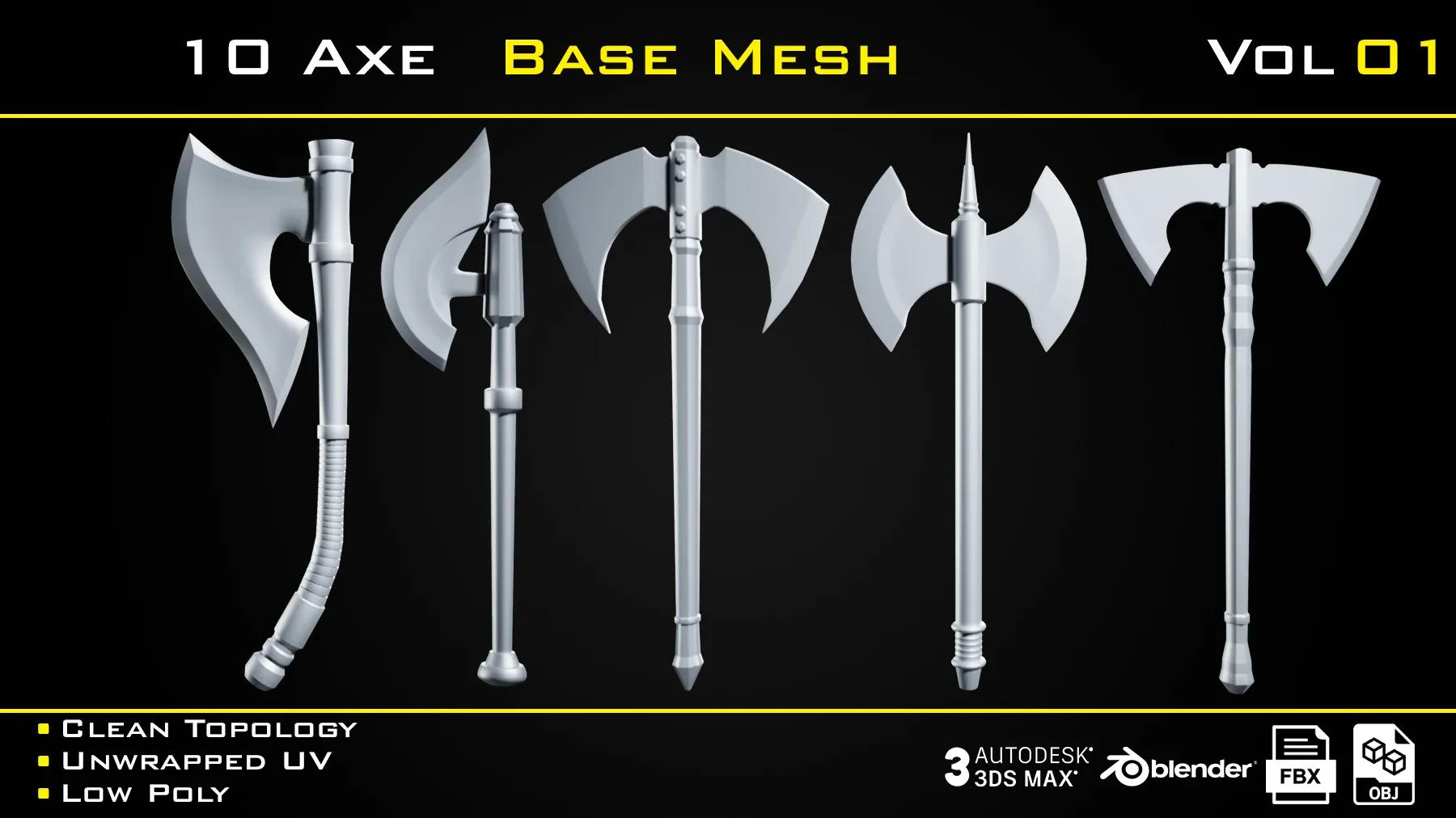10 Axe BASE MESH - VOL 01 Game - FlippedNormals