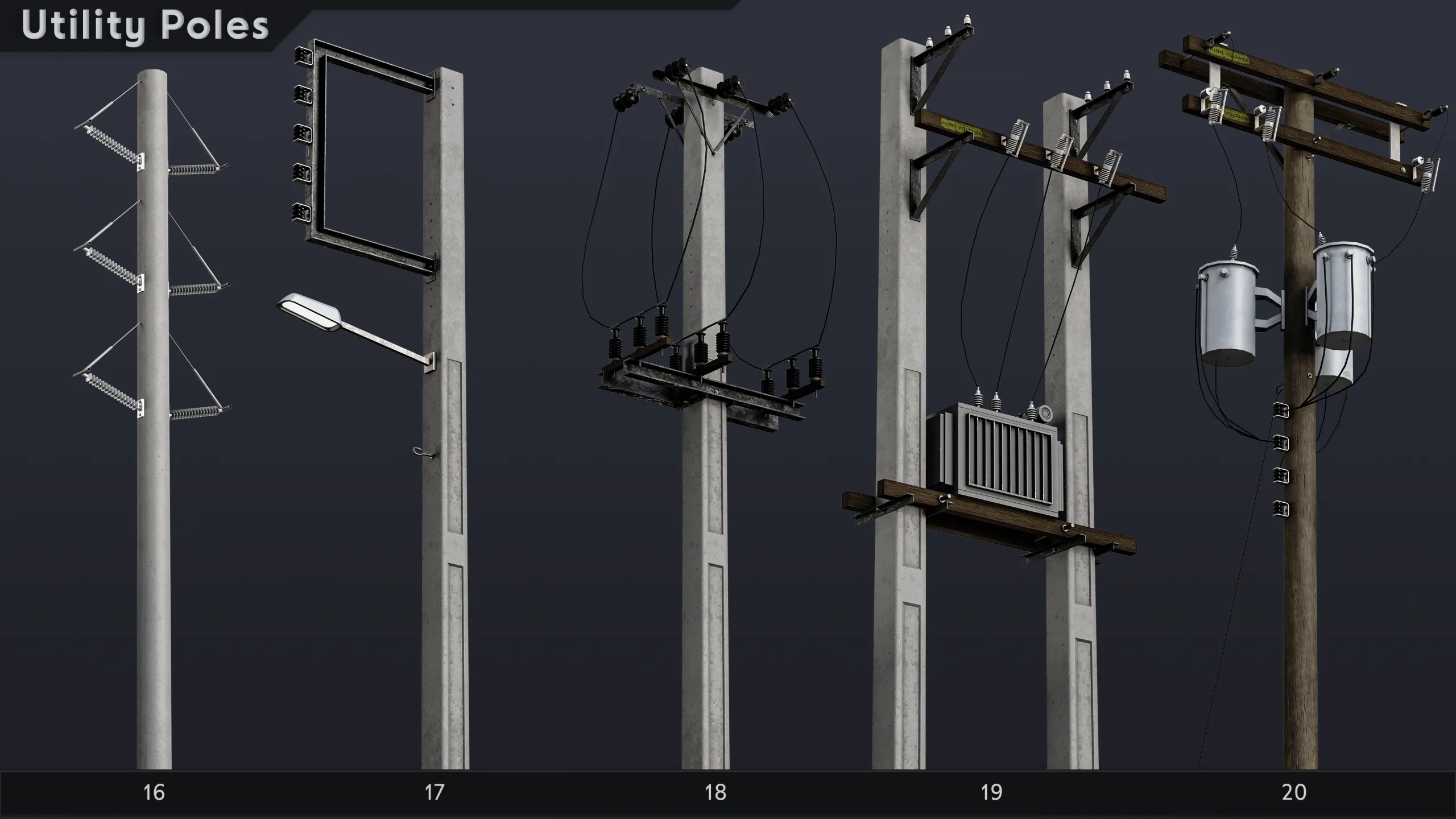 30 Low Poly Utility Poles + Kitbash - FlippedNormals