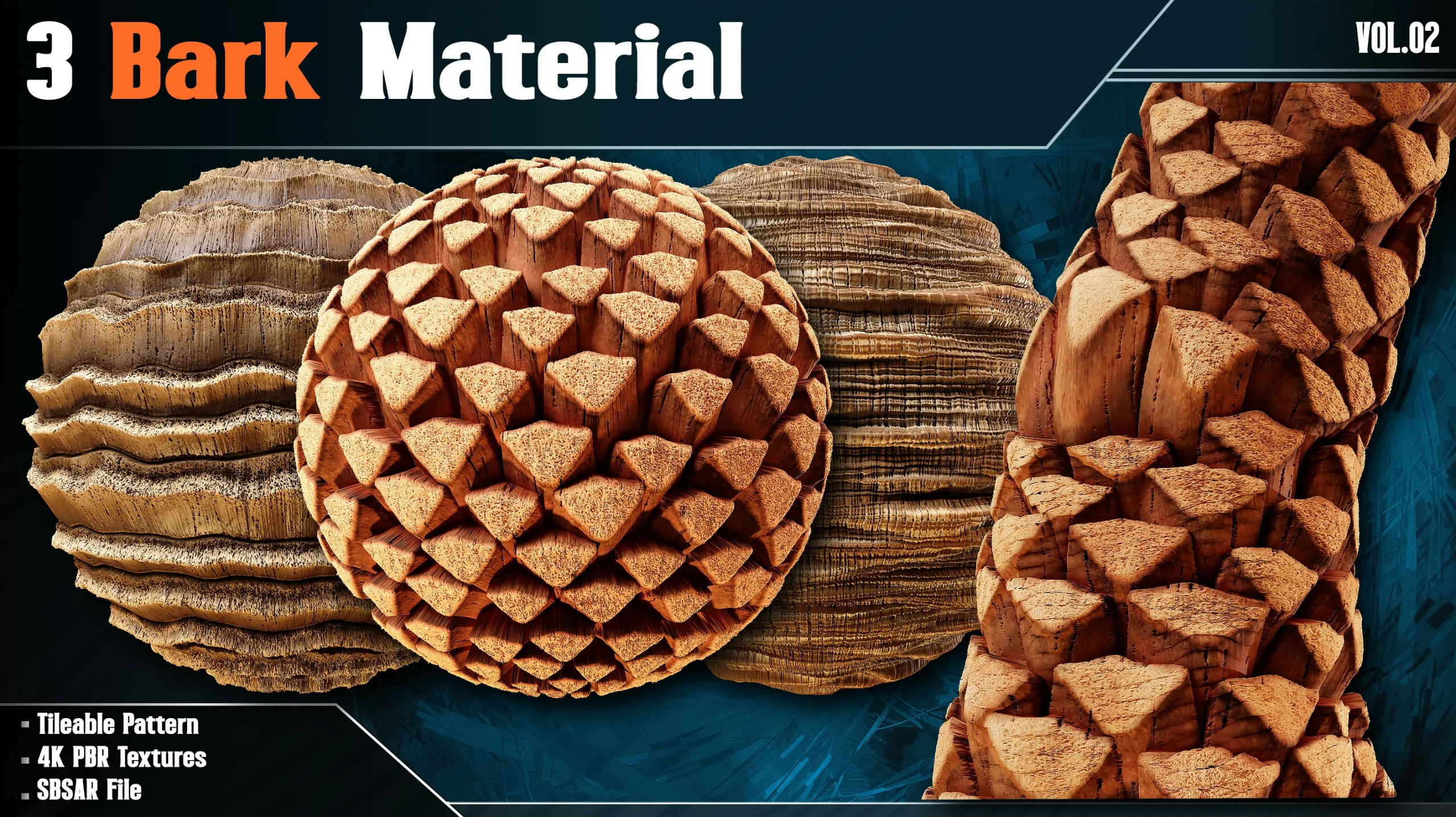 3 Tree Bark Material - VOL 02 (SBSAR - FlippedNormals