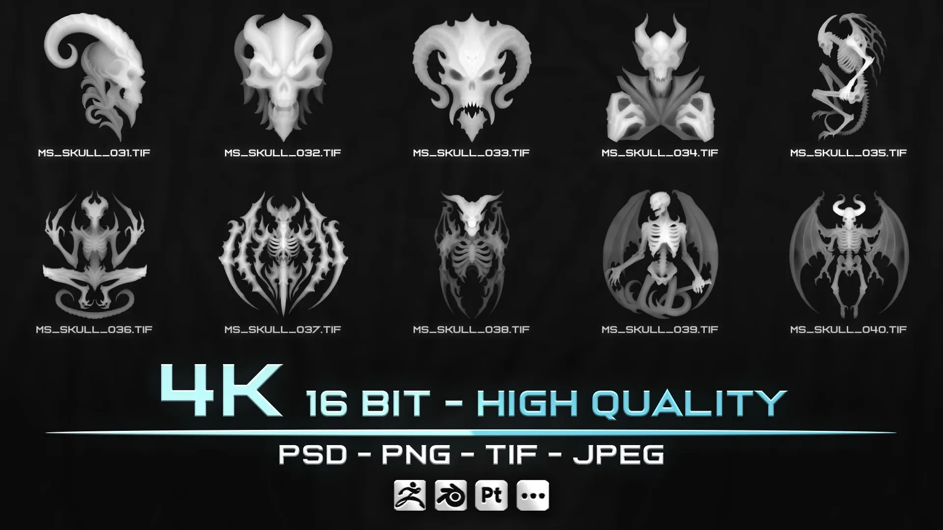 40 Skull Alpha - HQ 4K 16Bit Alphas - FlippedNormals
