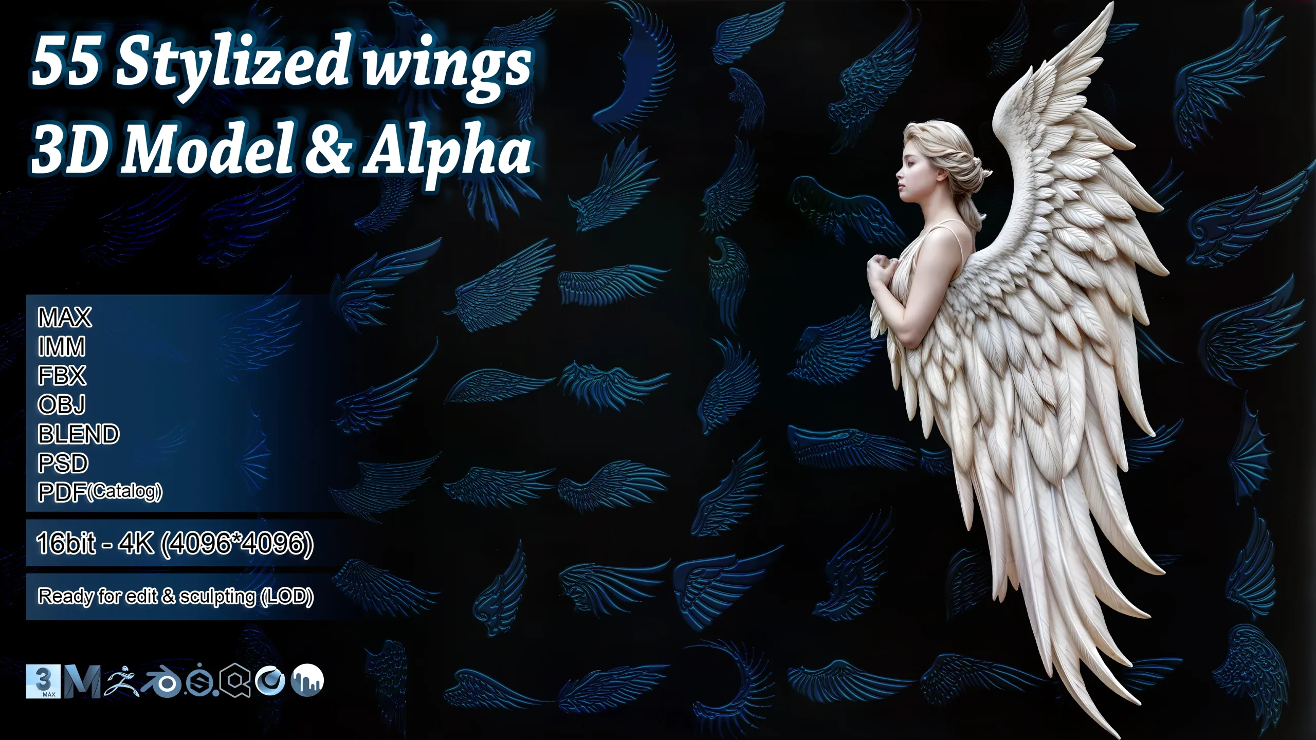 55 stylized wing 3d model and alpha - FlippedNormals
