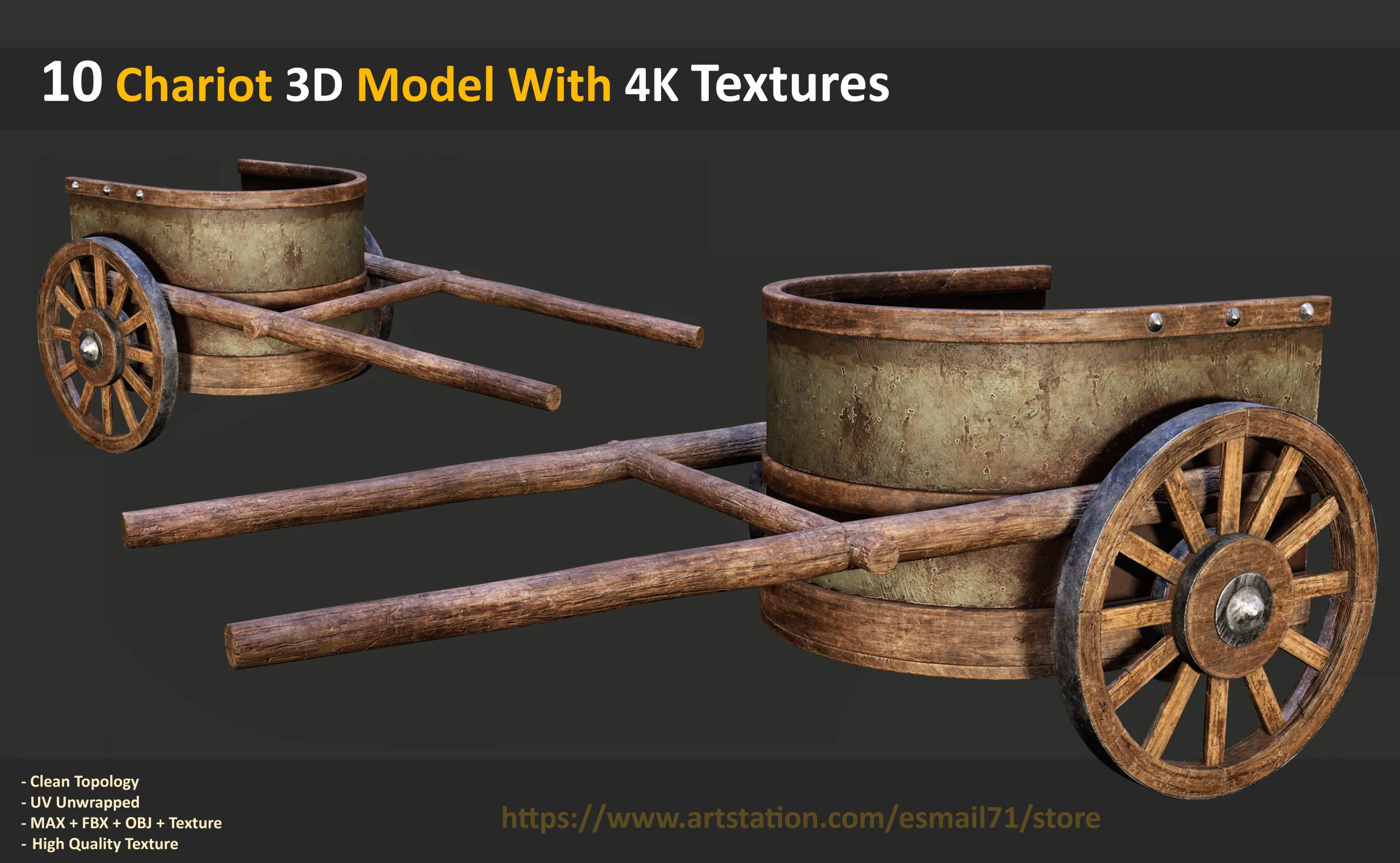 10 Chariot 3D Model + 4K Textures - FlippedNormals