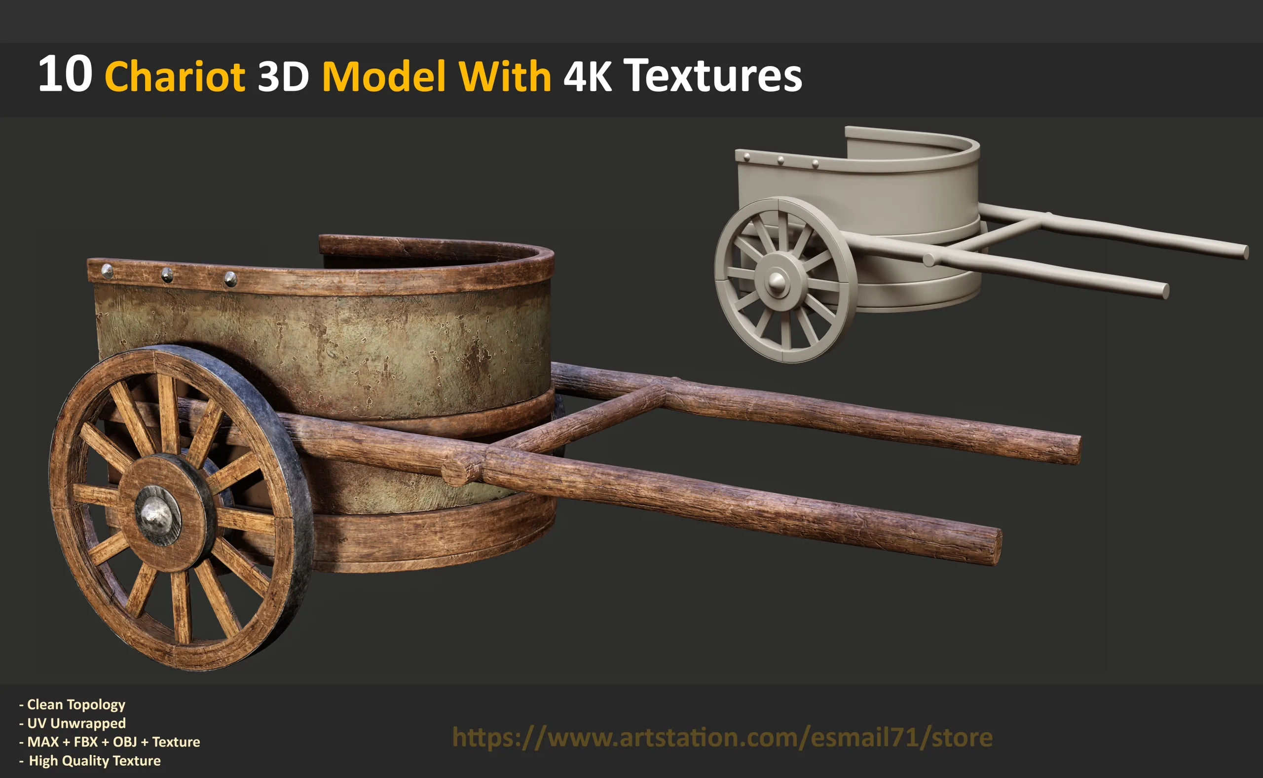10 Chariot 3D Model + 4K Textures - FlippedNormals
