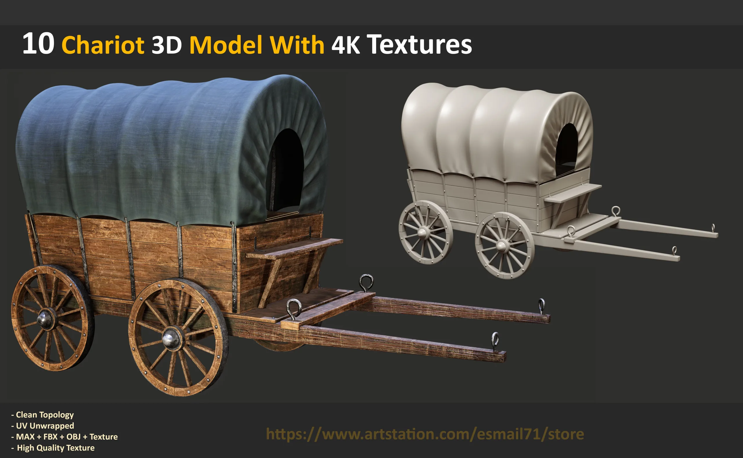10 Chariot 3D Model + 4K Textures - FlippedNormals