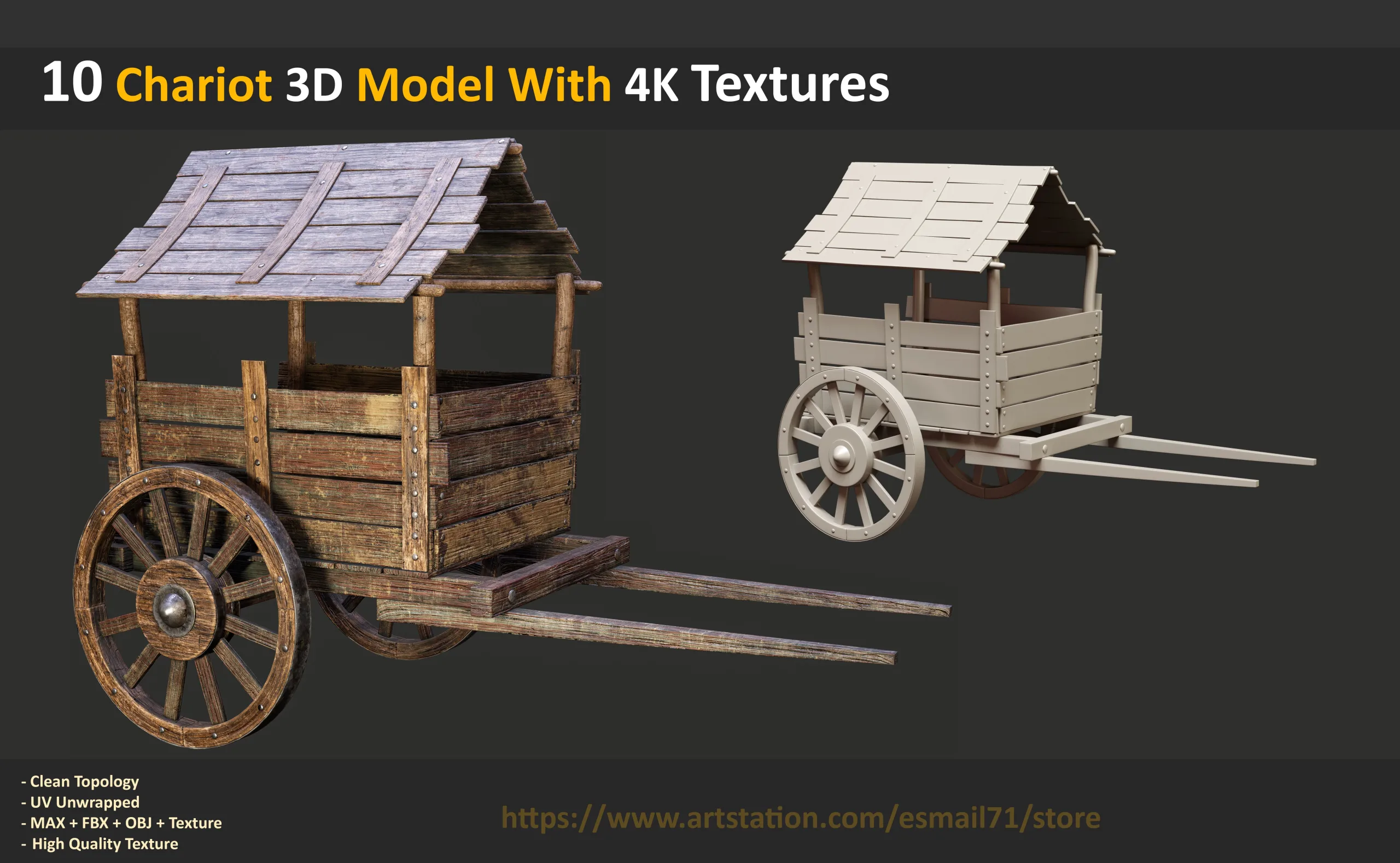 10 Chariot 3D Model + 4K Textures - FlippedNormals