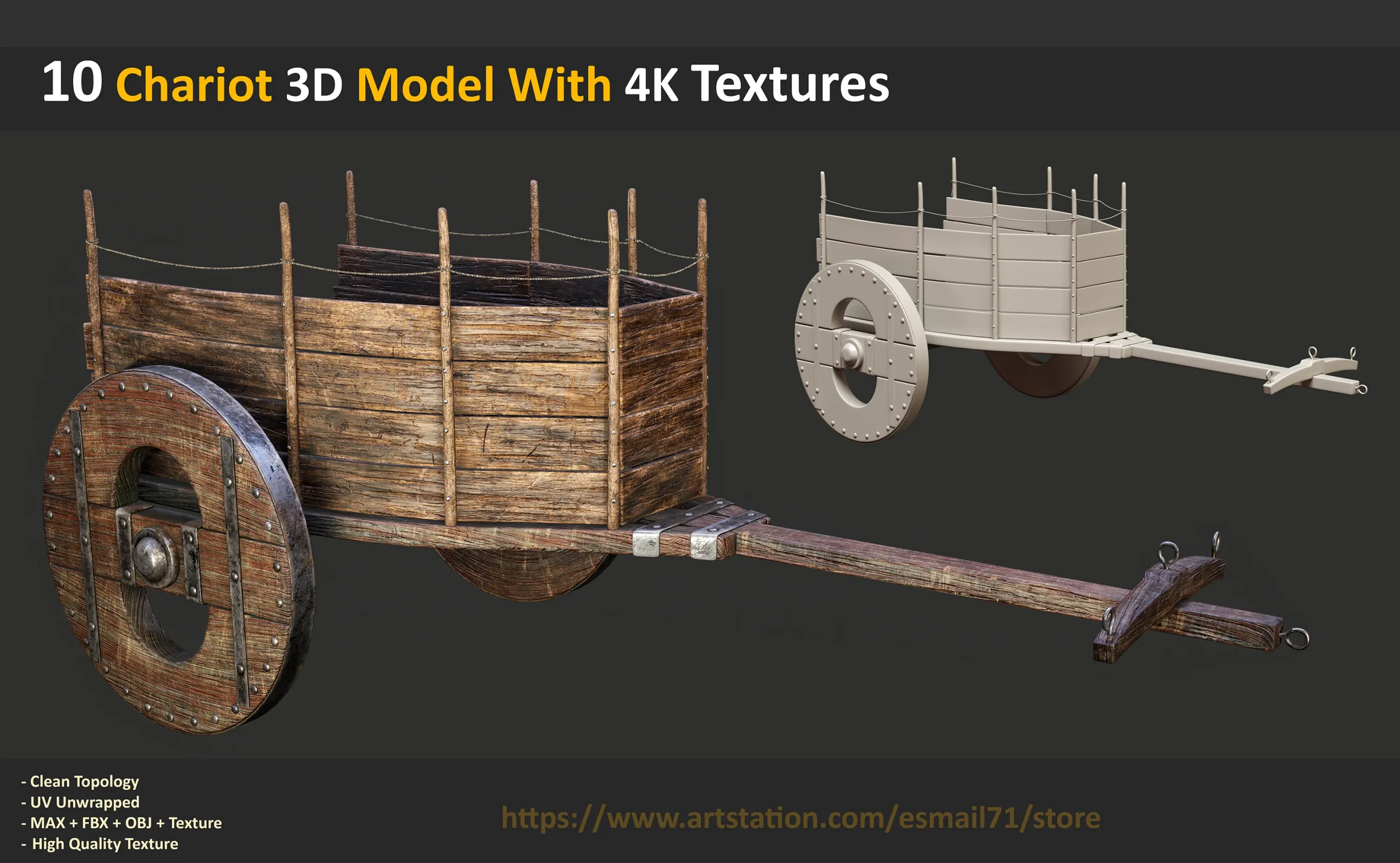 10 Chariot 3D Model + 4K Textures - FlippedNormals
