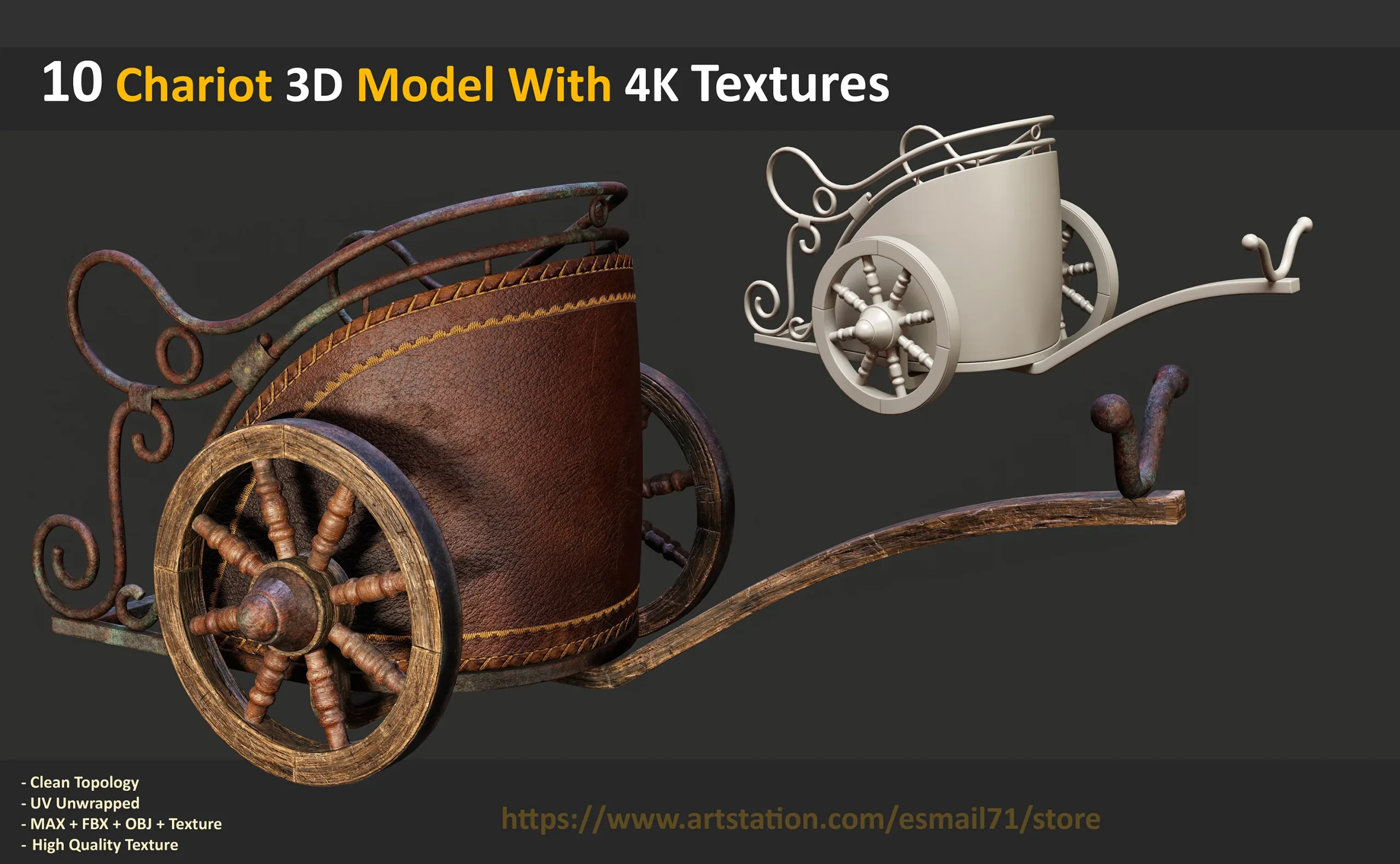 10 Chariot 3D Model + 4K Textures - FlippedNormals