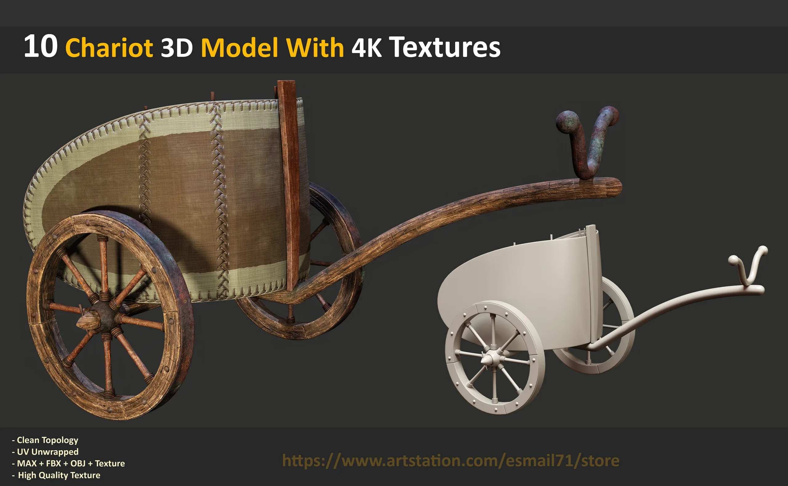 10 Chariot 3D Model + 4K Textures - FlippedNormals