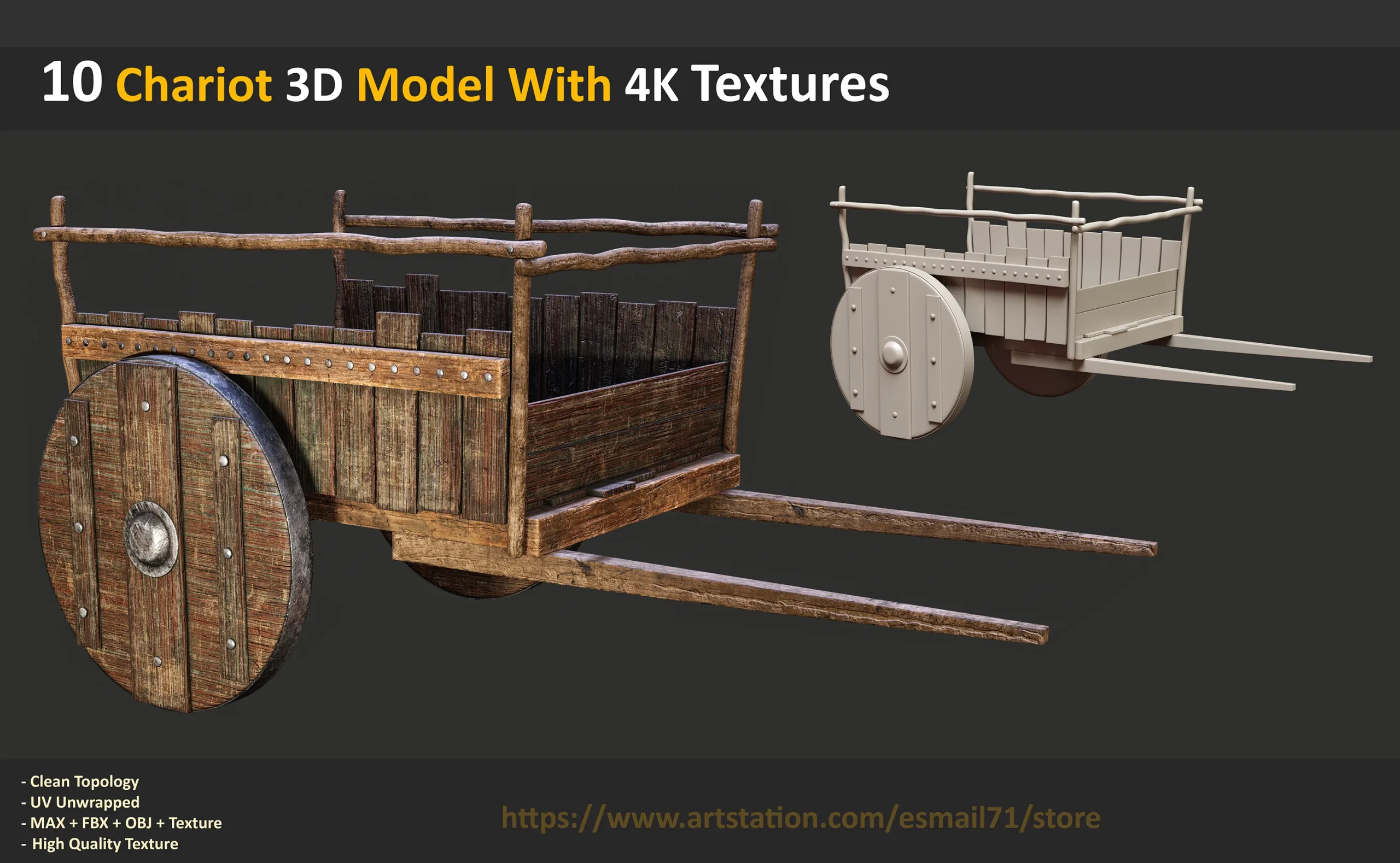 10 Chariot 3D Model + 4K Textures - FlippedNormals
