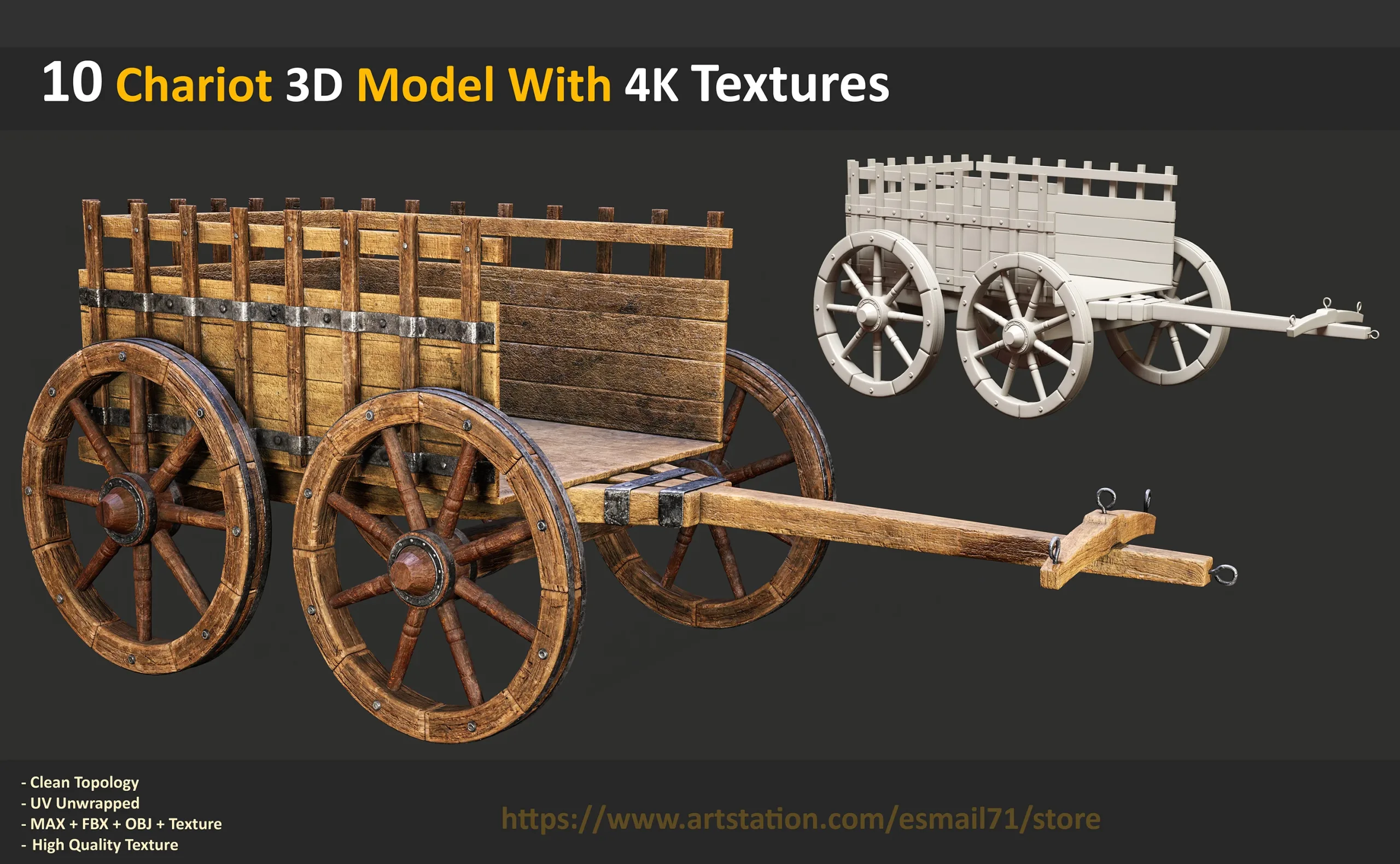 10 Chariot 3D Model + 4K Textures - FlippedNormals