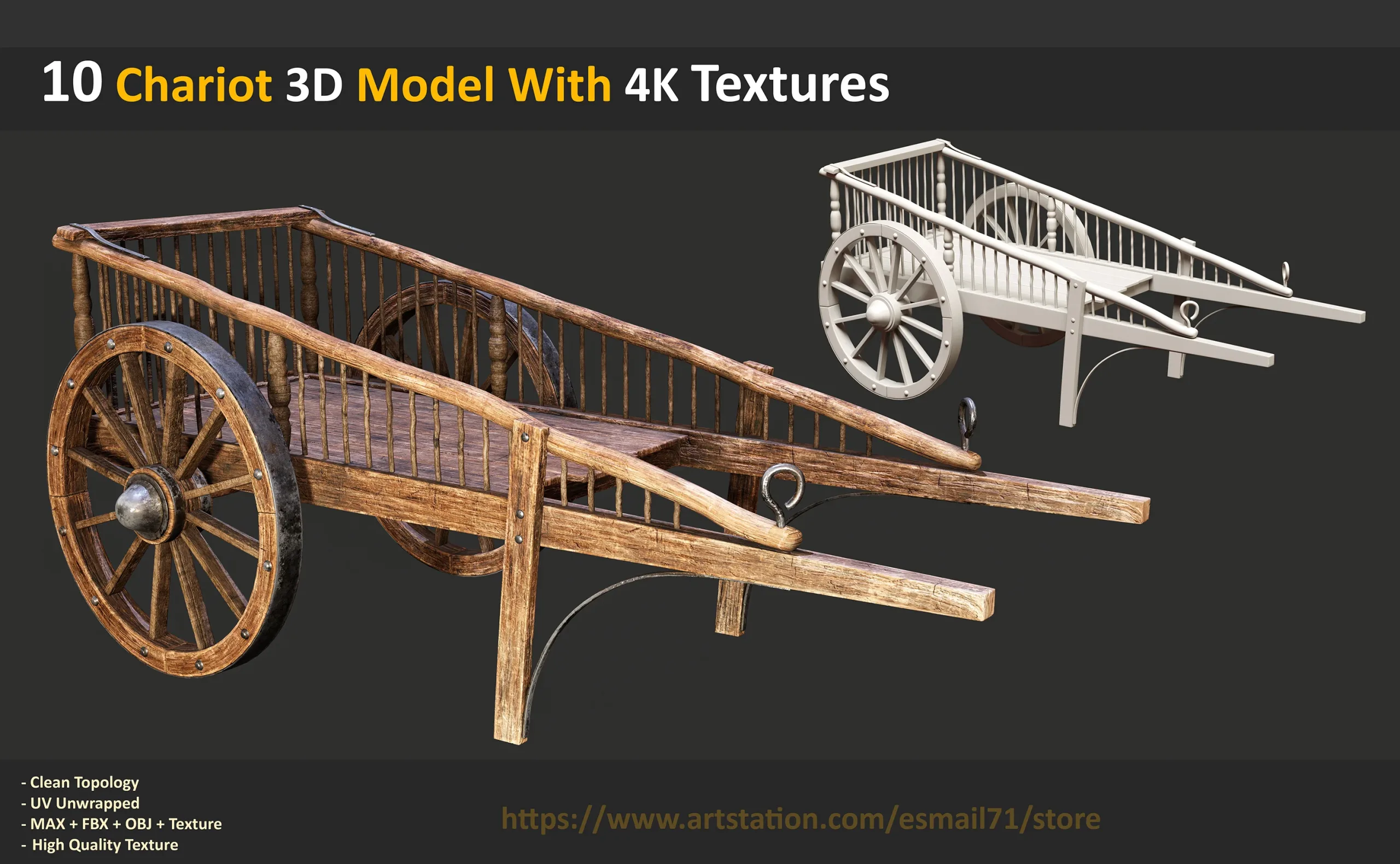 10 Chariot 3D Model + 4K Textures - FlippedNormals