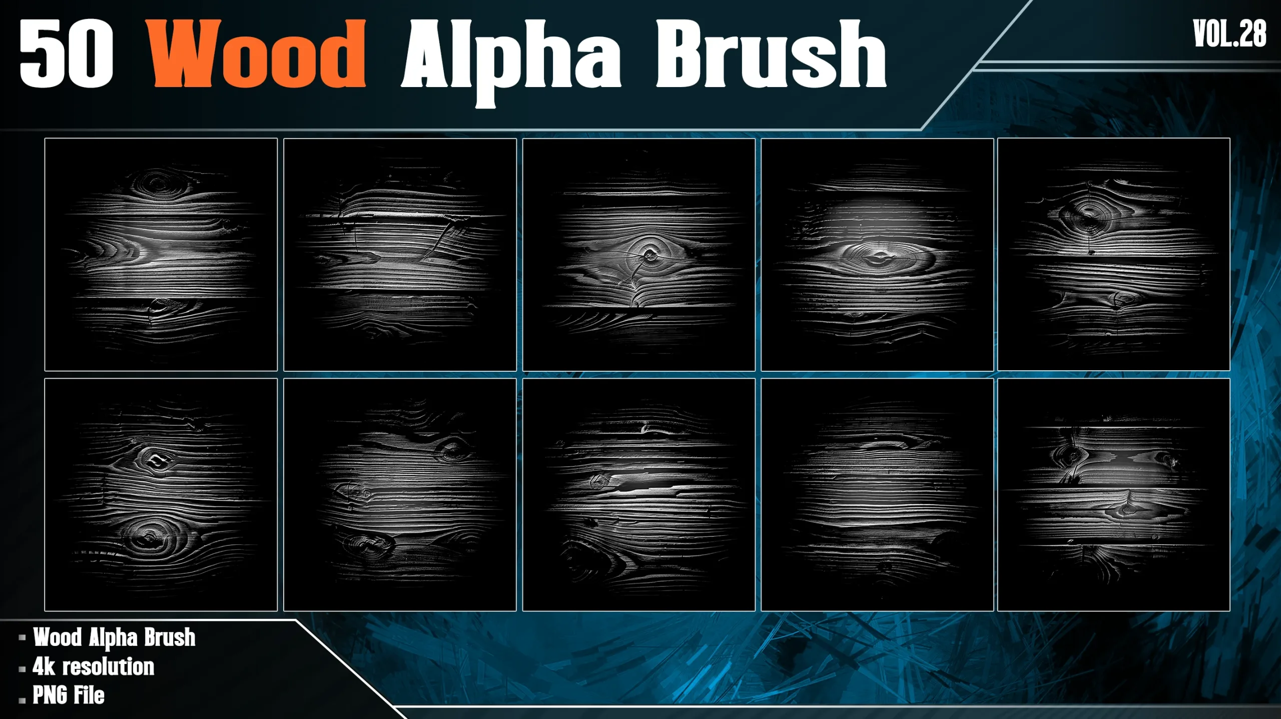 50 Wood Alpha Brush - Vol.28 ( - FlippedNormals