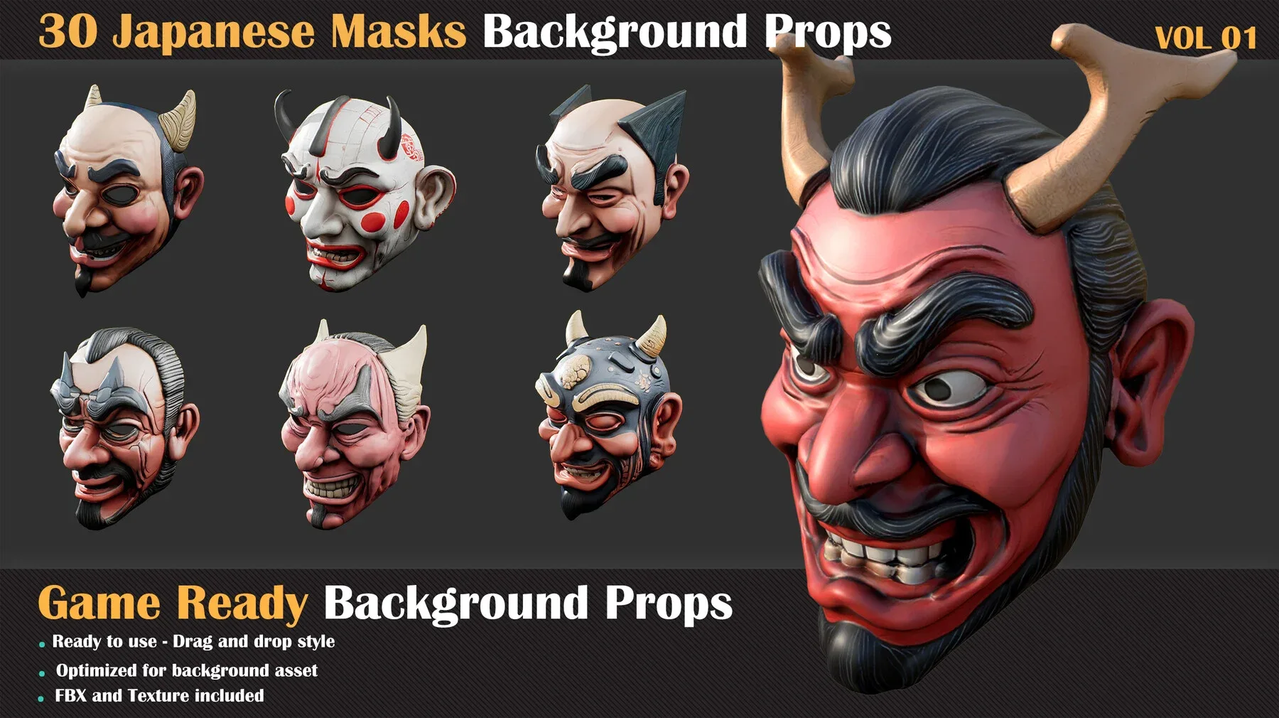 30 Japanese Masks Background Props - FlippedNormals