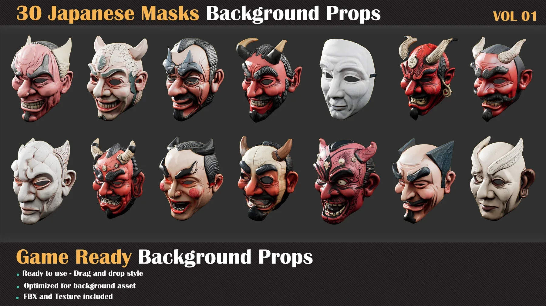 30 Japanese Masks Background Props - FlippedNormals