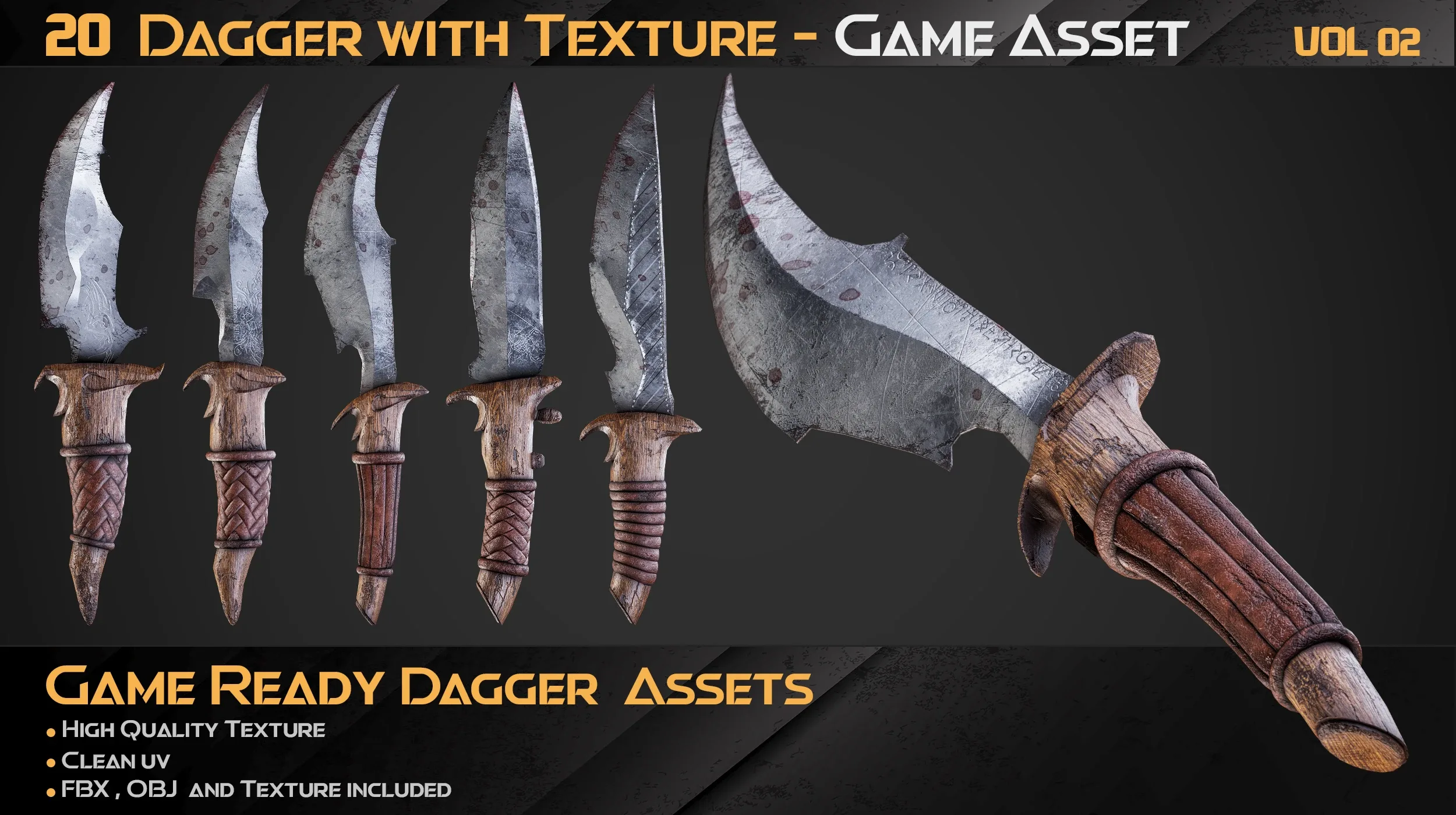 20 Game ready Dagger assets - Vol02 - FlippedNormals