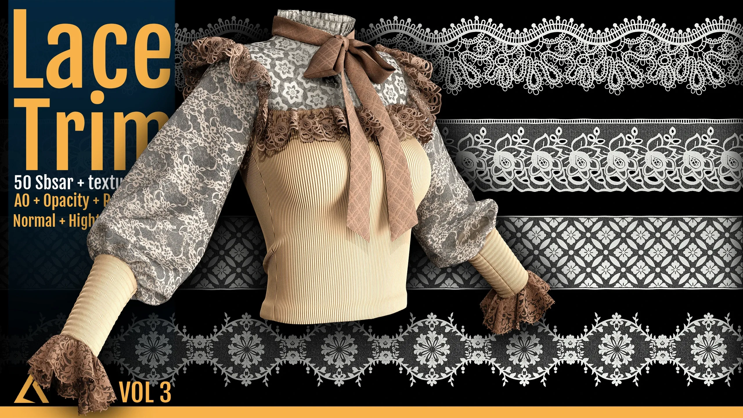 50 Lace Fabric Trim Materials (SBSAR - FlippedNormals