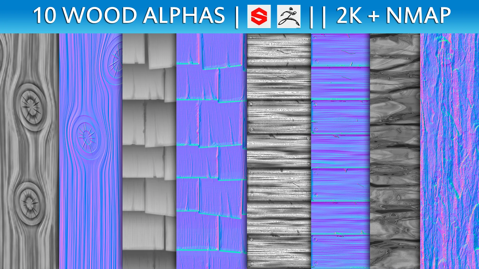 10 Wood Alphas Vol.1 (ZBrush, Substance - FlippedNormals