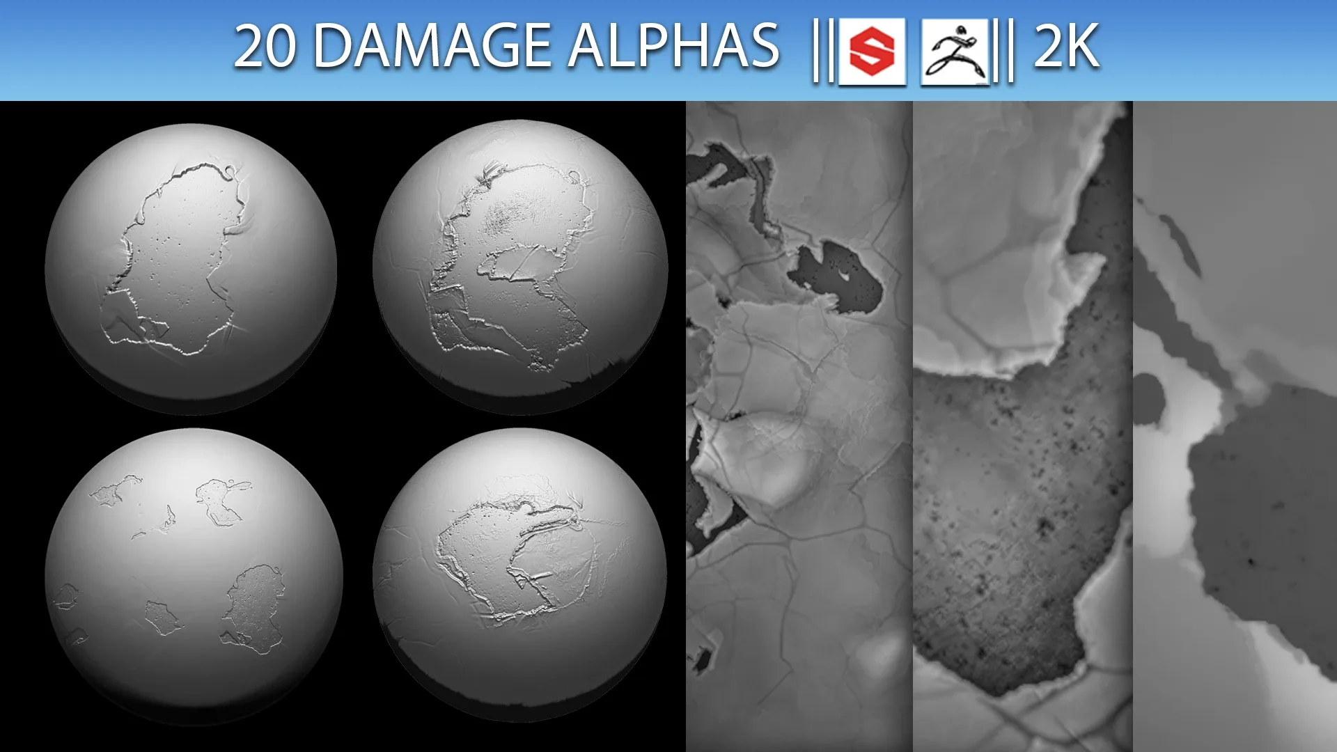 20 Damage Alphas (ZBrush, Substance - FlippedNormals