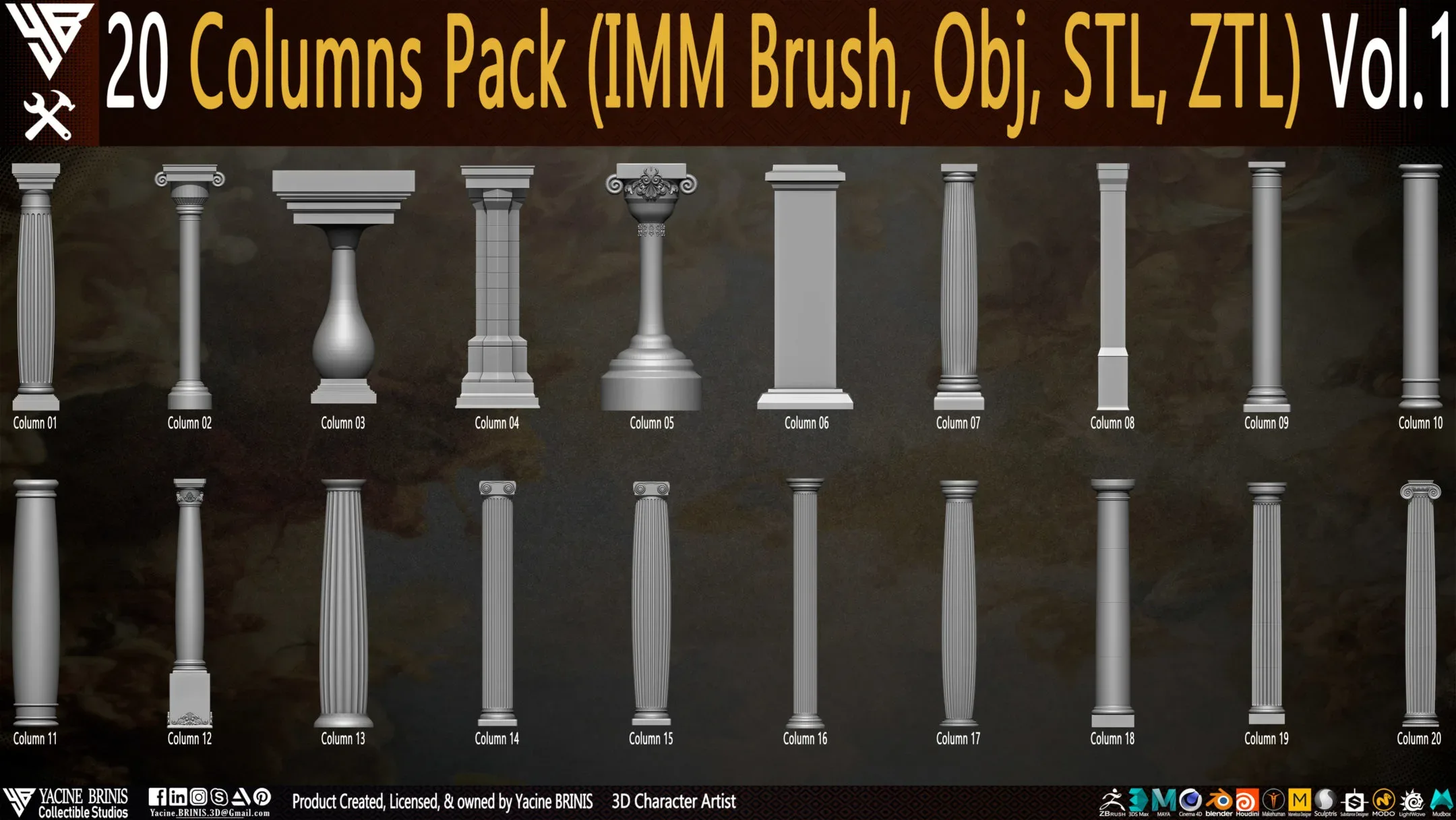 20 Columns Pack (IMM Brush, Obj - FlippedNormals