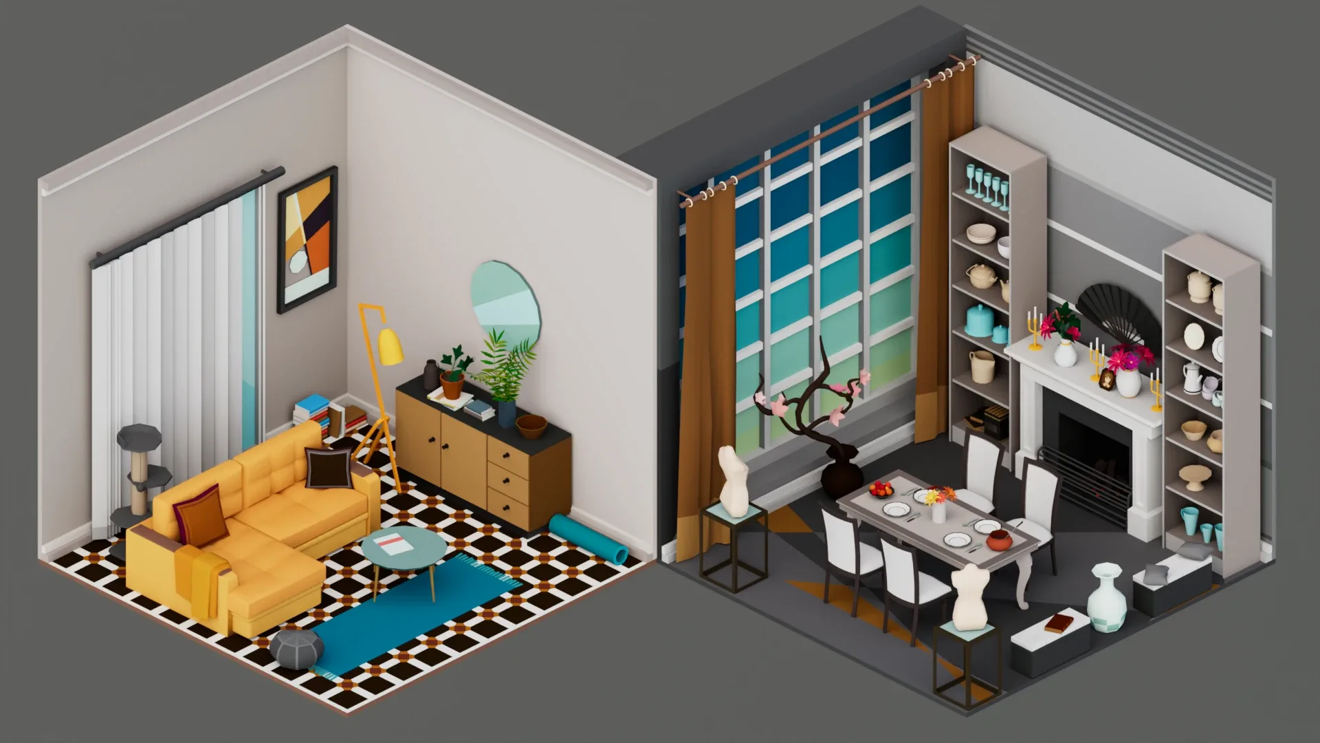 30 Low poly Rooms Interiors 1000+ - FlippedNormals